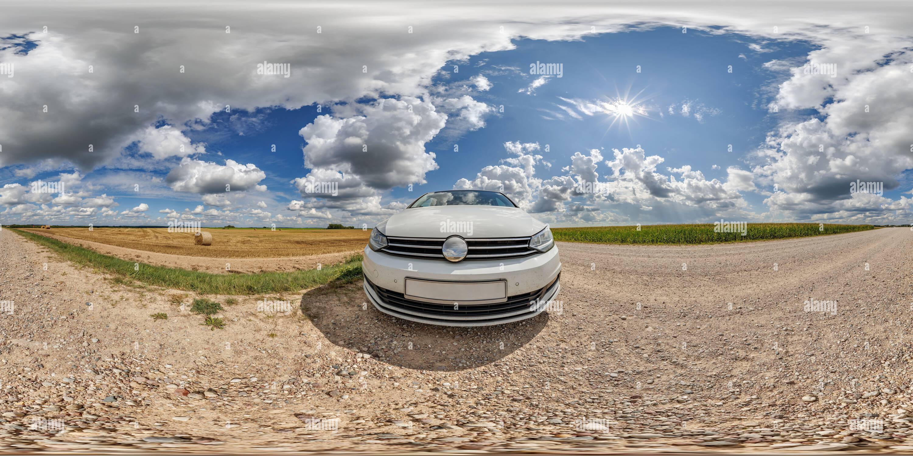 360° view of hdri 360 panorama near white car on roadside of gravel ...