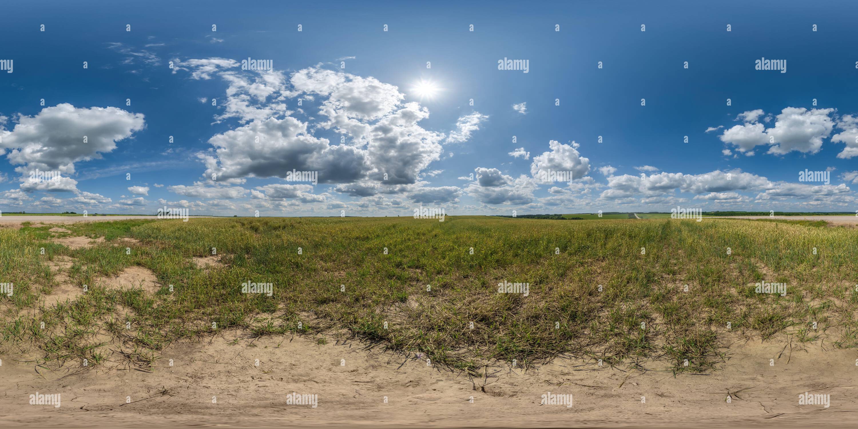 360° view of spherical 360 hdri panorama among dry grass farming field ...