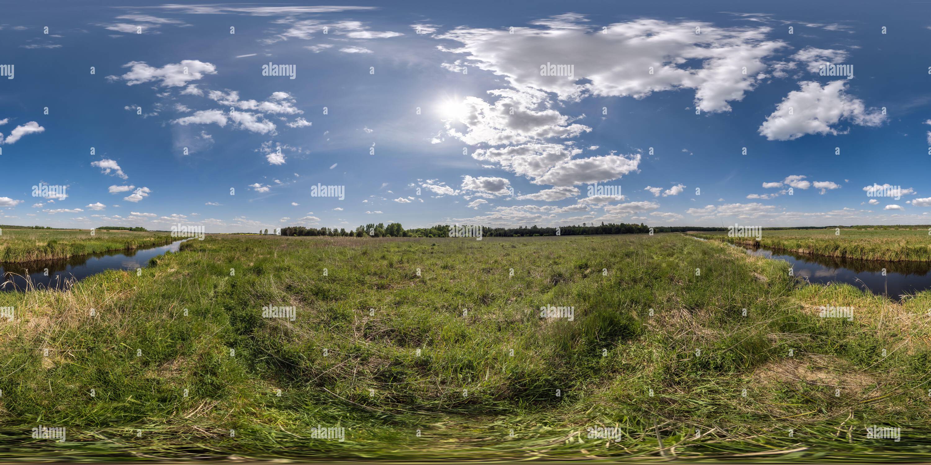 360° view of spherical 360 hdri panorama among green grass farming ...