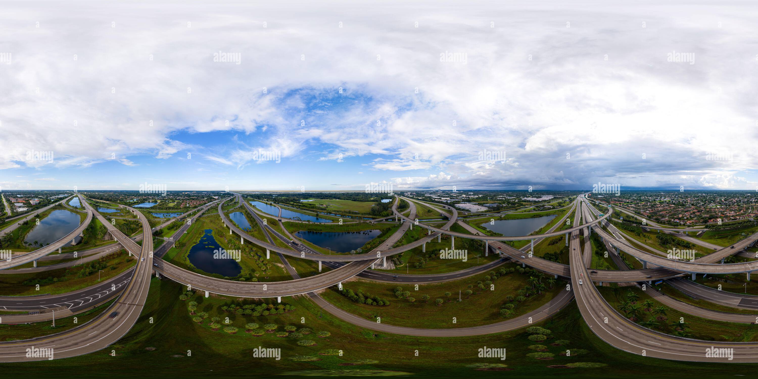 360° view of Aerial 360 vr panorama highway interchange equirectangular ...