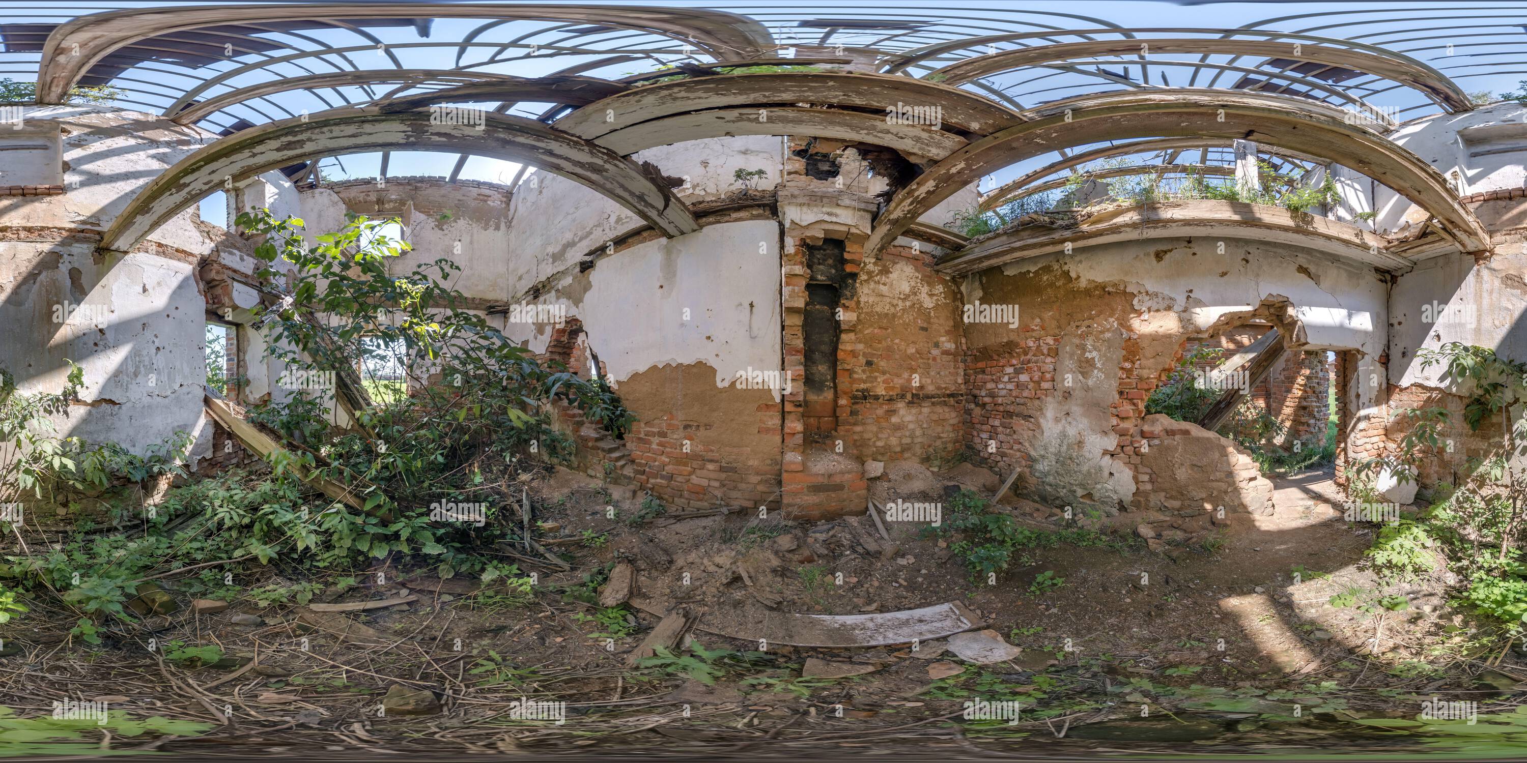 360° view of full seamless spherical hdri 360 panorama inside ruined ...