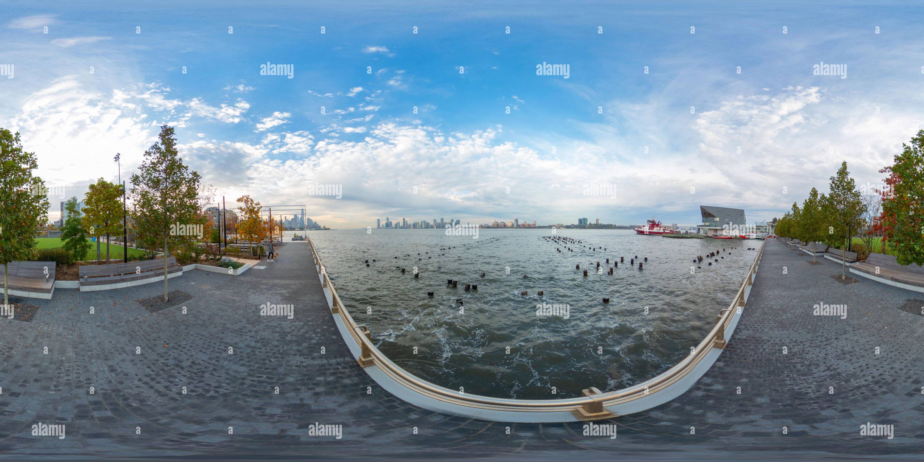 360° view of New York, NY, USA - October 27, 2023: Remains of old dock ...