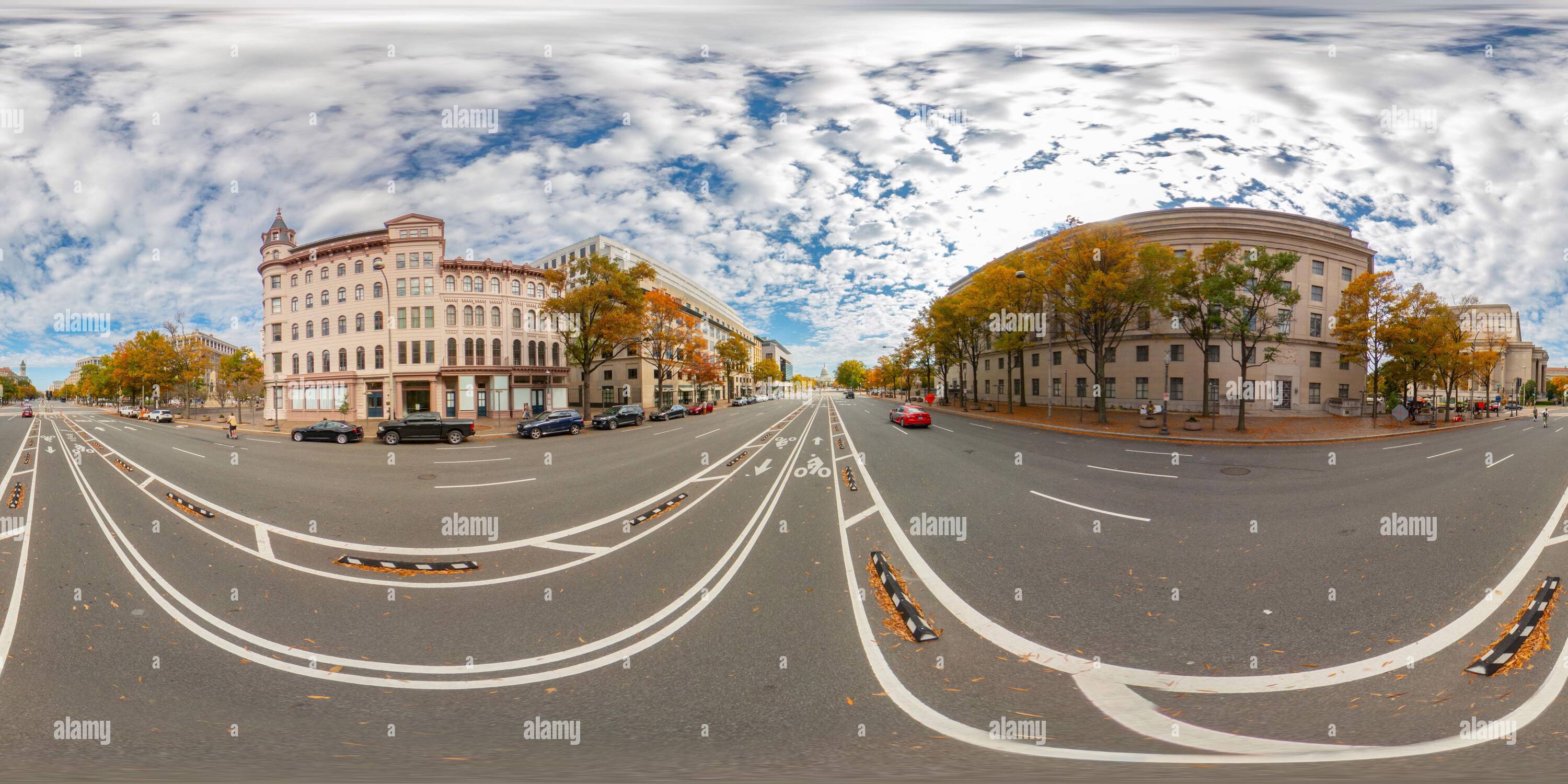 360° view of Washington DC, USA - October 28, 2023: Two way bike lanes ...