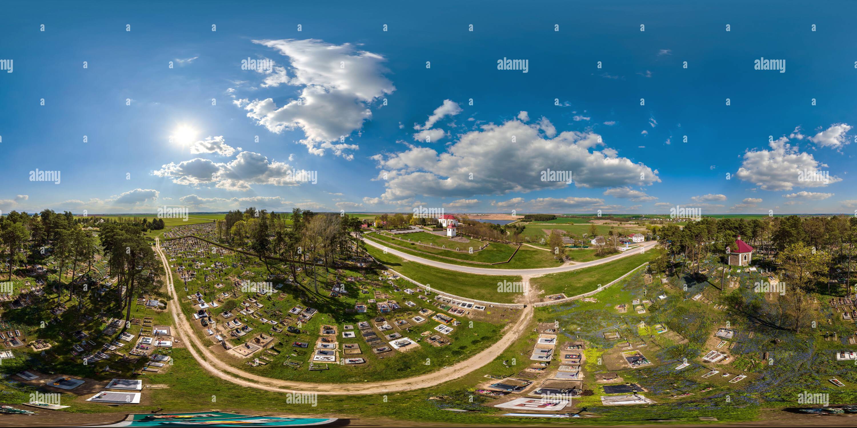 360° view of aerial hdri 360 panorama view above cemetery among pine ...