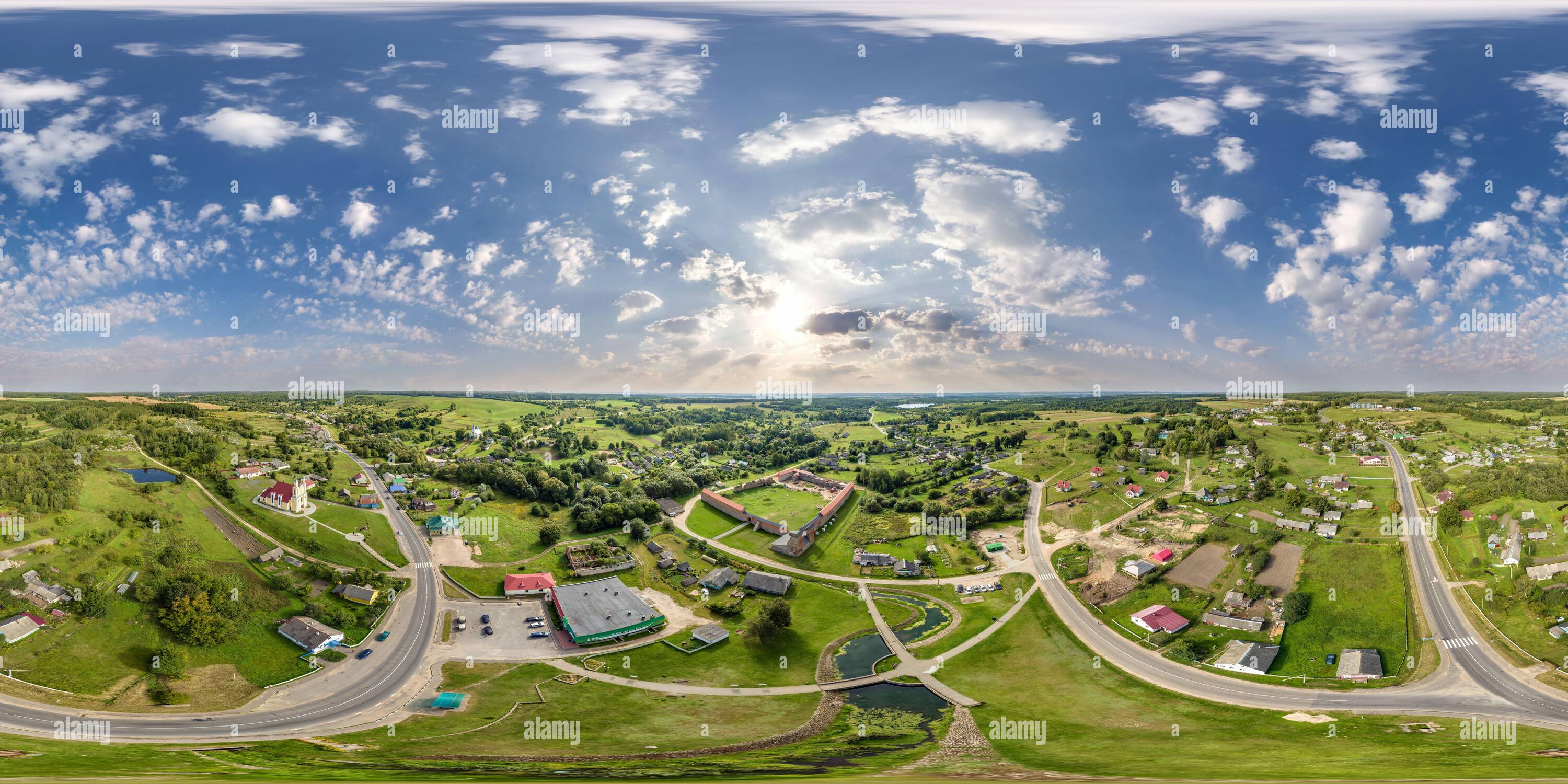 360° view of aerial hdri 360 panorama view over provincial town from ...
