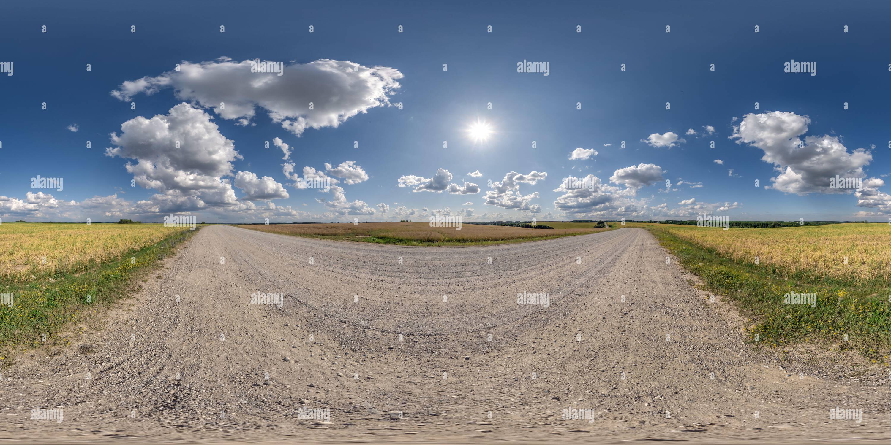 360° view of 360 hdri panorama on gravel road with marks from car or ...