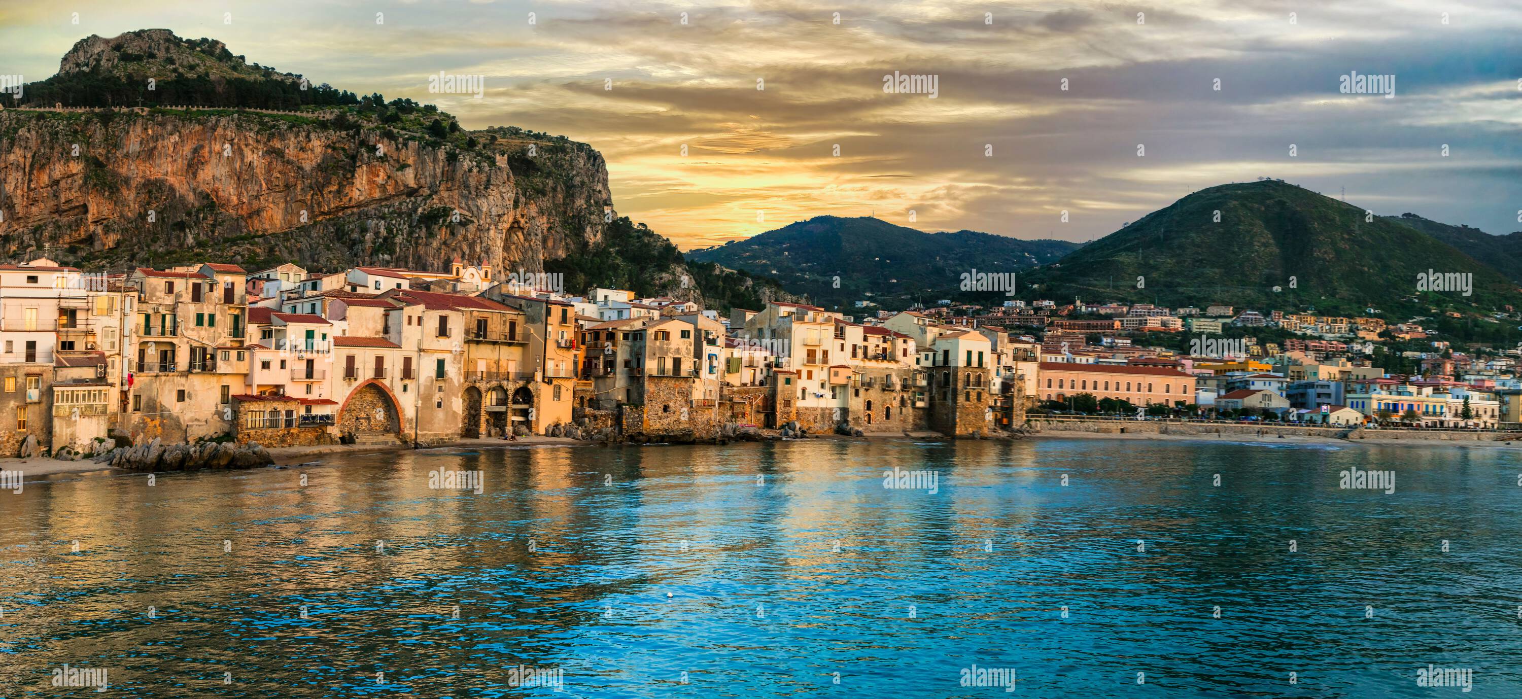 360° view of Italy. Sicily island scenic places. Cefalu - beautifl old ...