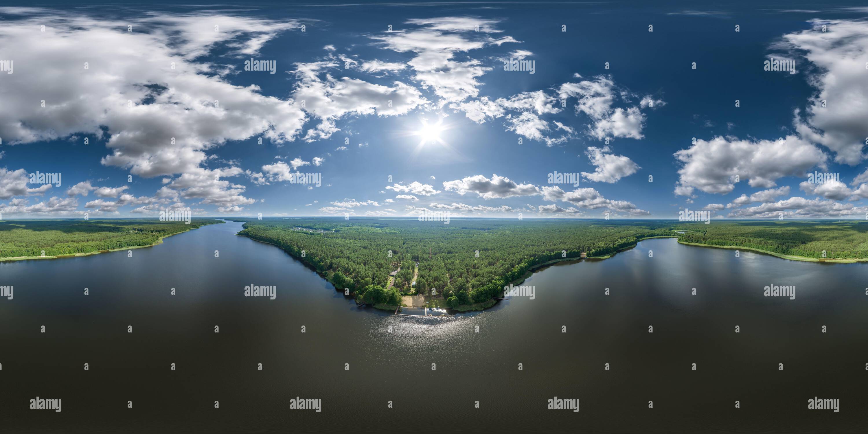 360° view of 360 hdri panorama aerial view over lake among forest in ...