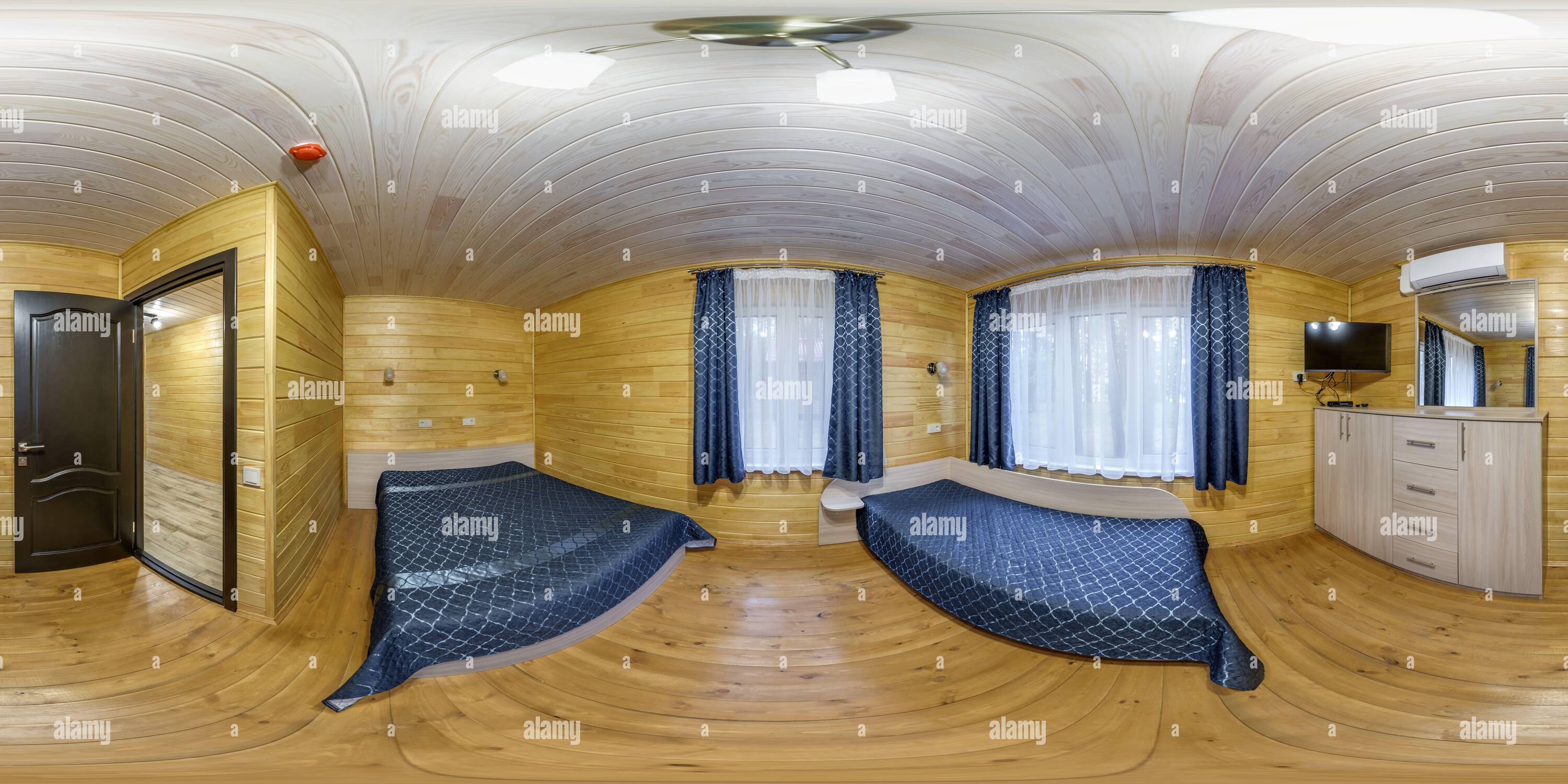 360° view of 360 hdri panorama in interior of wooden eco bedroom in ...