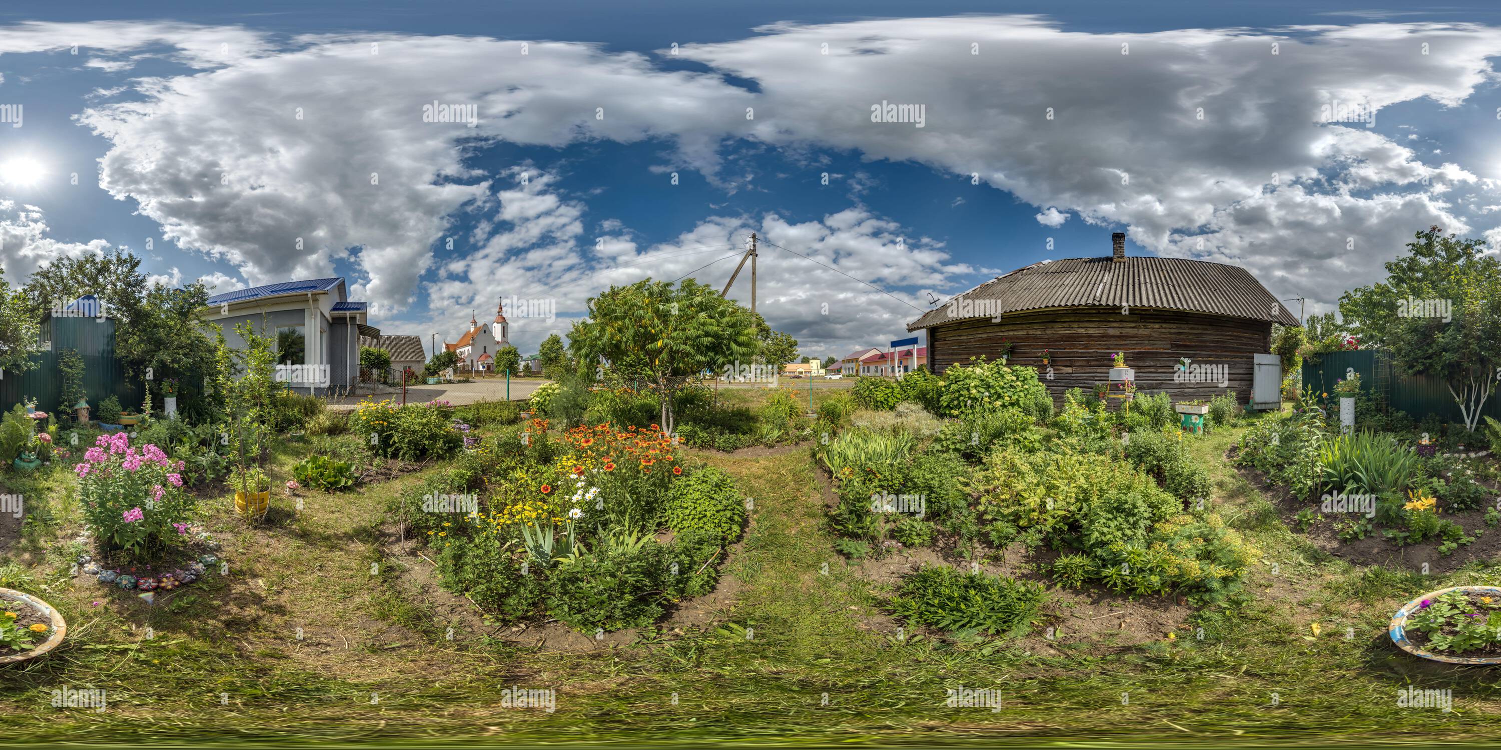 360° view of 360 hdri panorama view in garden with flower bed yard near ...