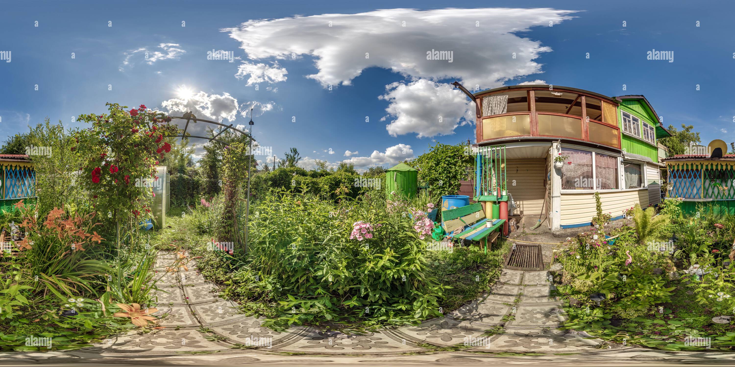 360° view of 360 hdri panorama view in garden with flower bed yard near ...