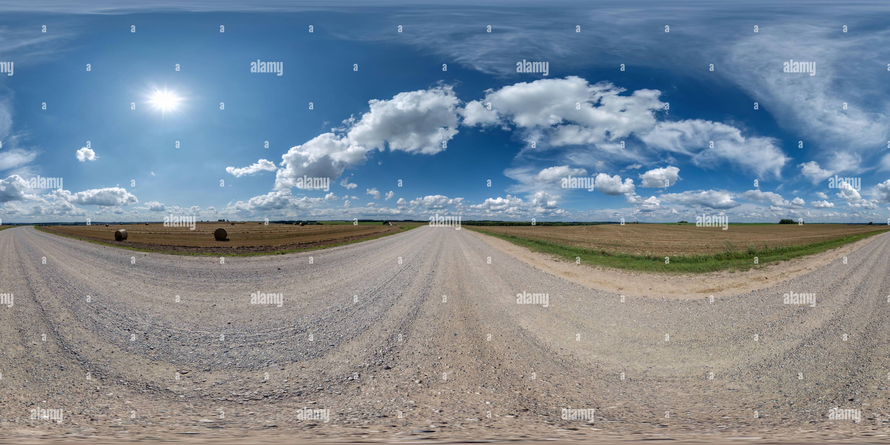 360° view of 360 hdri panorama on gravel road with marks from car or ...