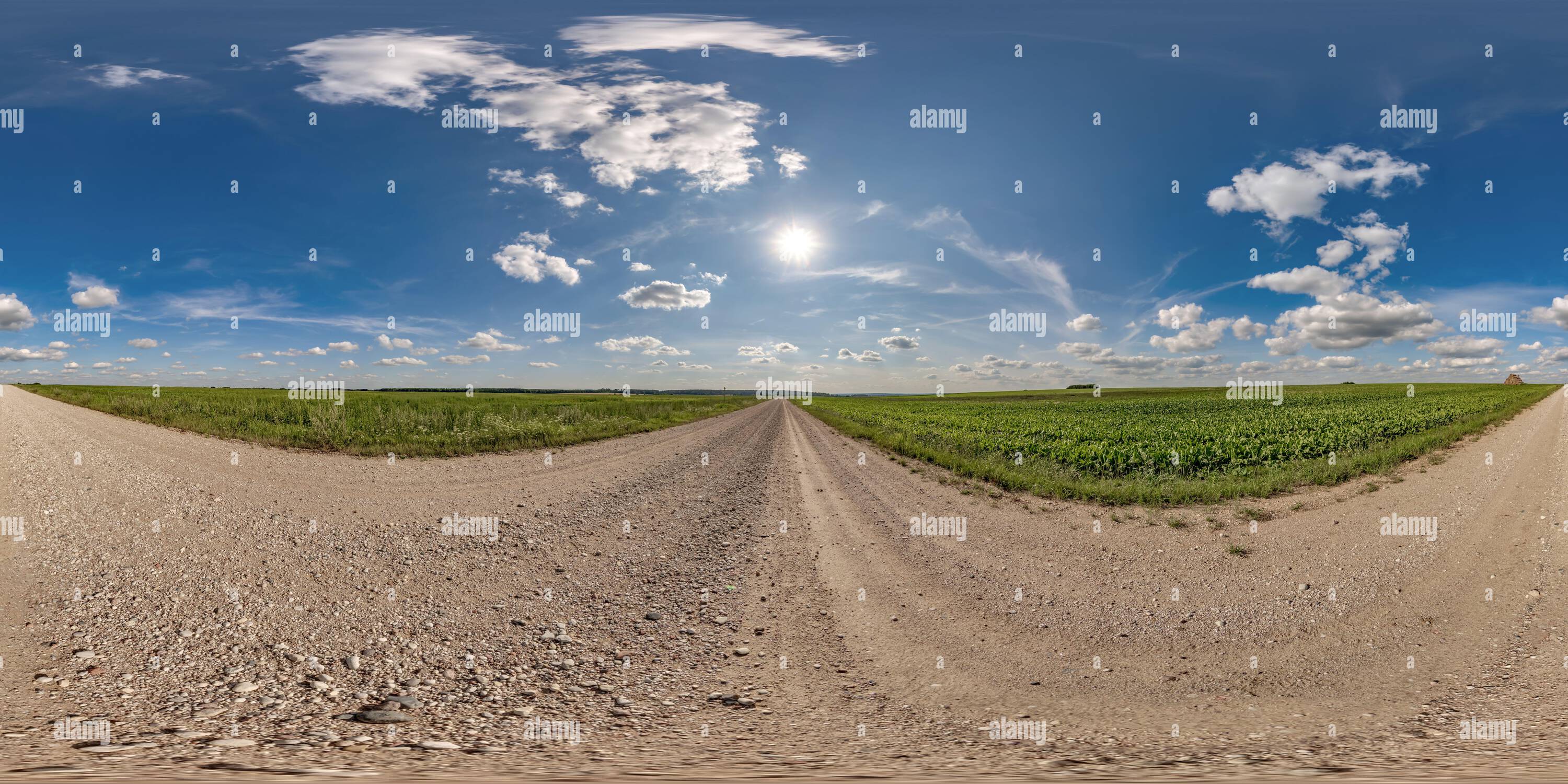 360° view of 360 hdri panorama on gravel road with marks from car or ...