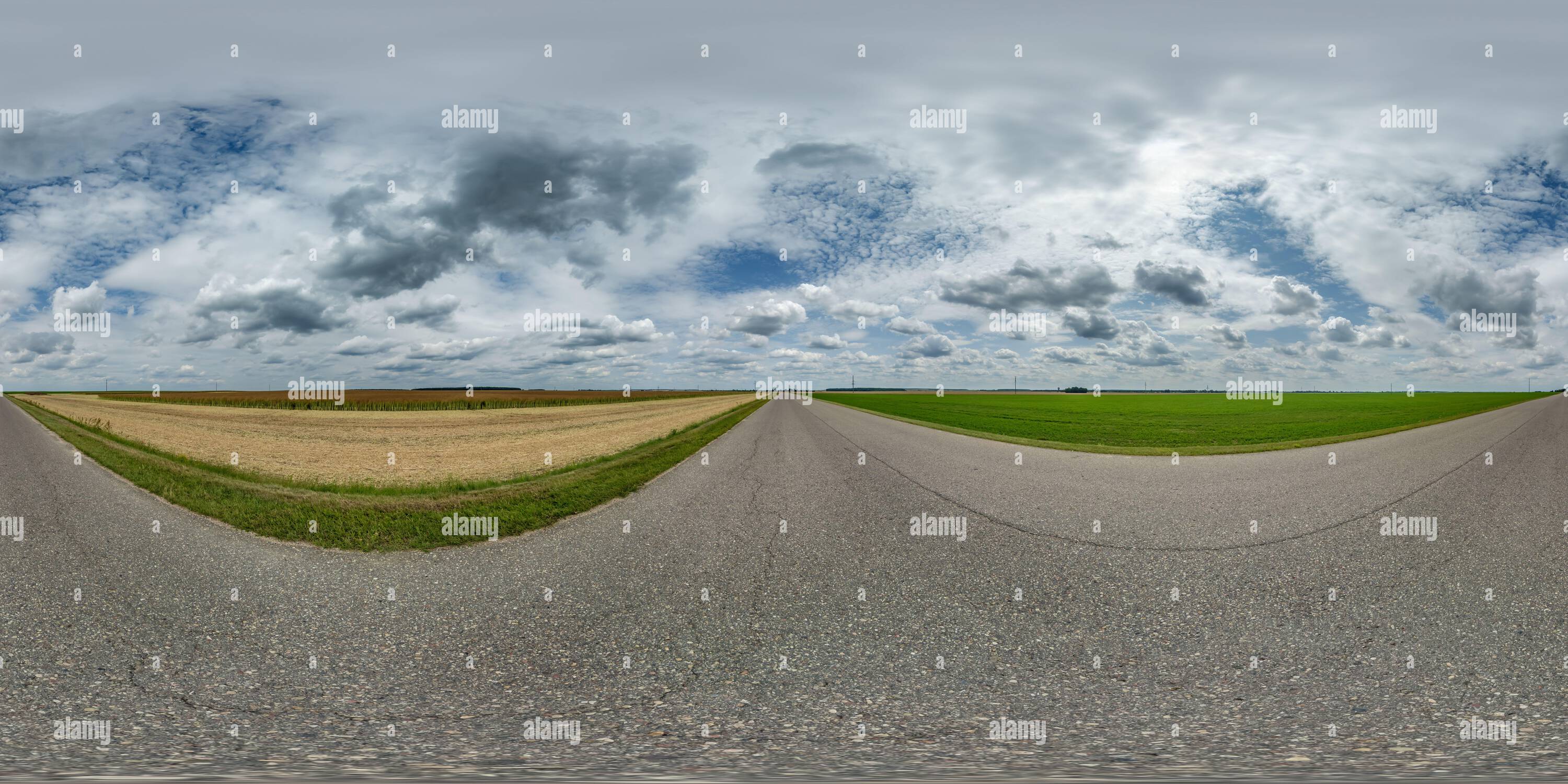 360° view of spherical 360 hdri panorama on old asphalt road among ...