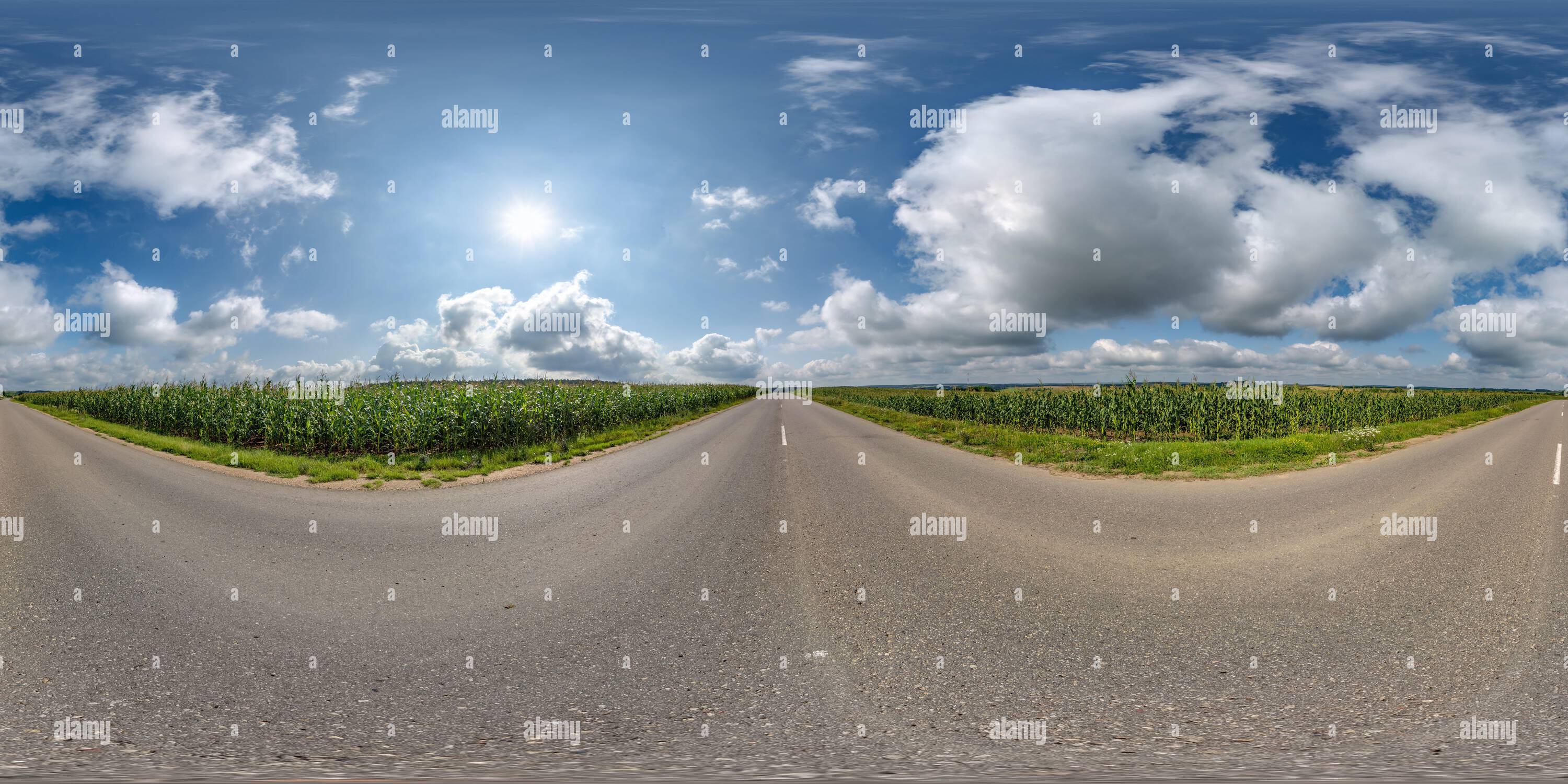 360° view of spherical 360 hdri panorama on old asphalt road among corn ...