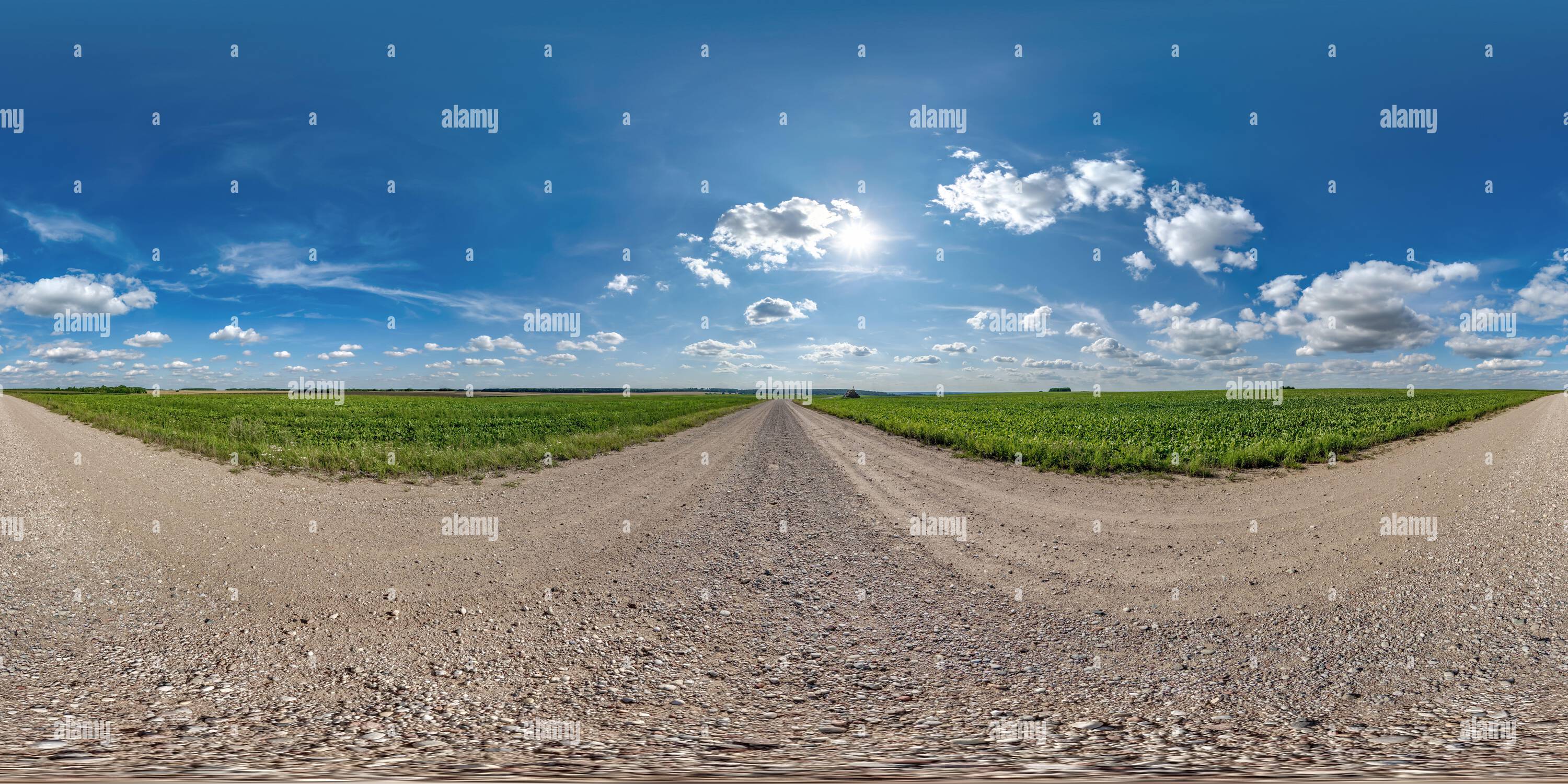 360° view of 360 hdri panorama on gravel road with marks from car or ...
