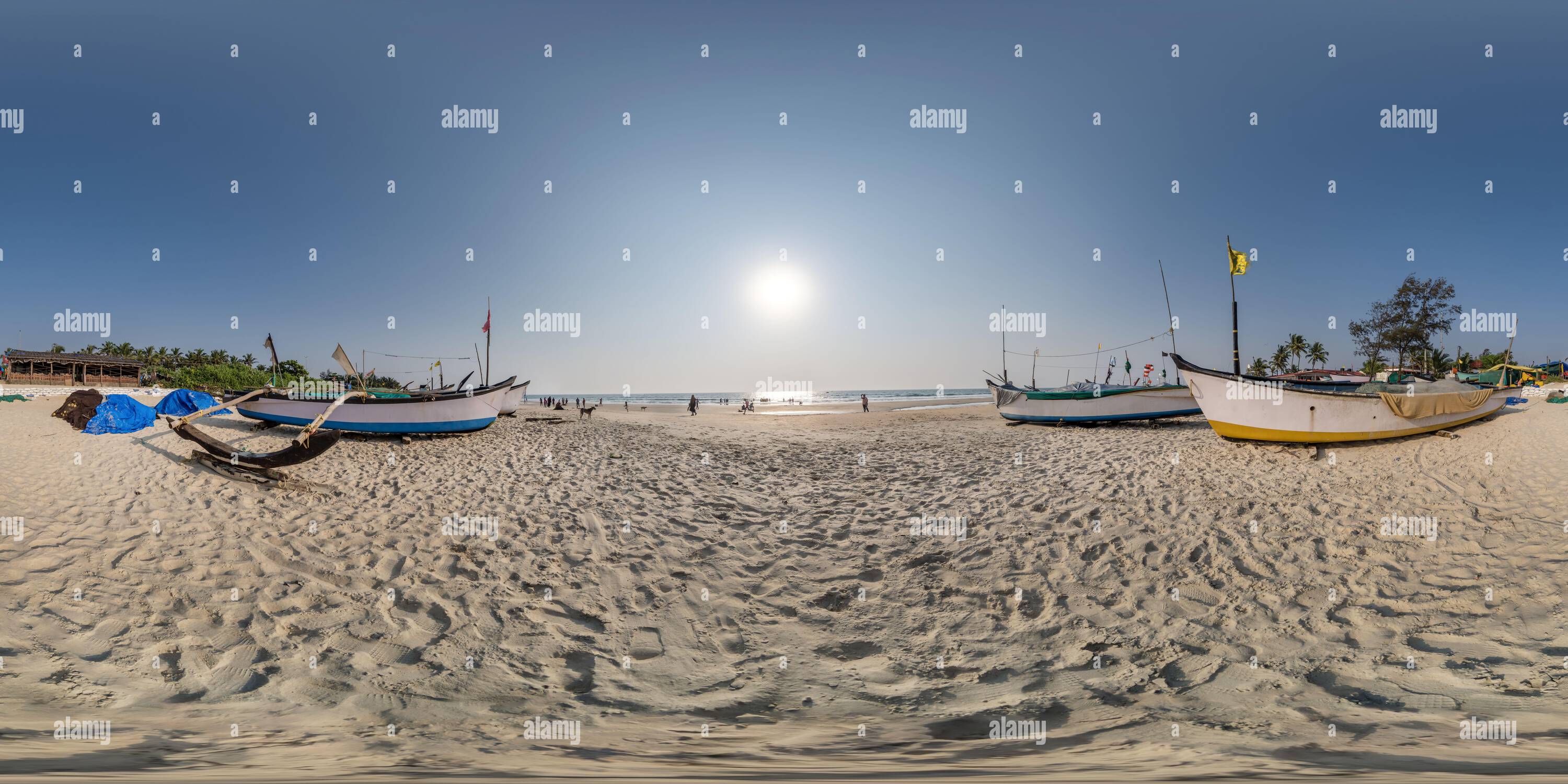 360° view of 360 hdri panorama near old fishing boats in the sand on ...