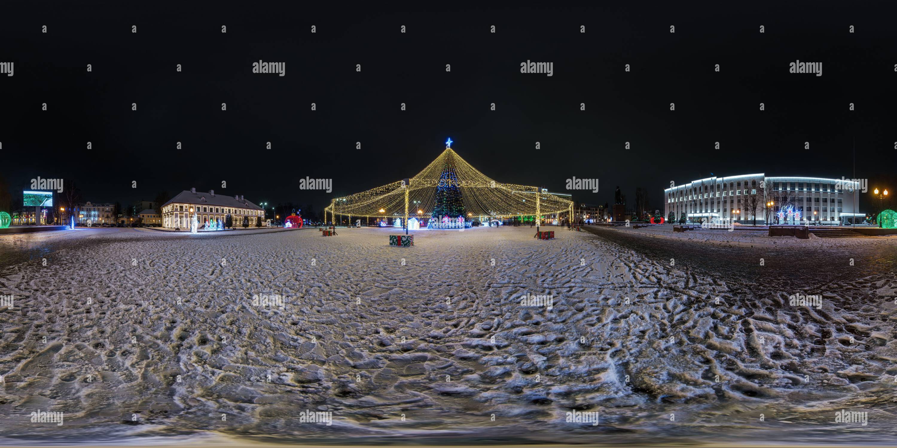 360° view of night full 360 panorama on square with Christmas tree with ...