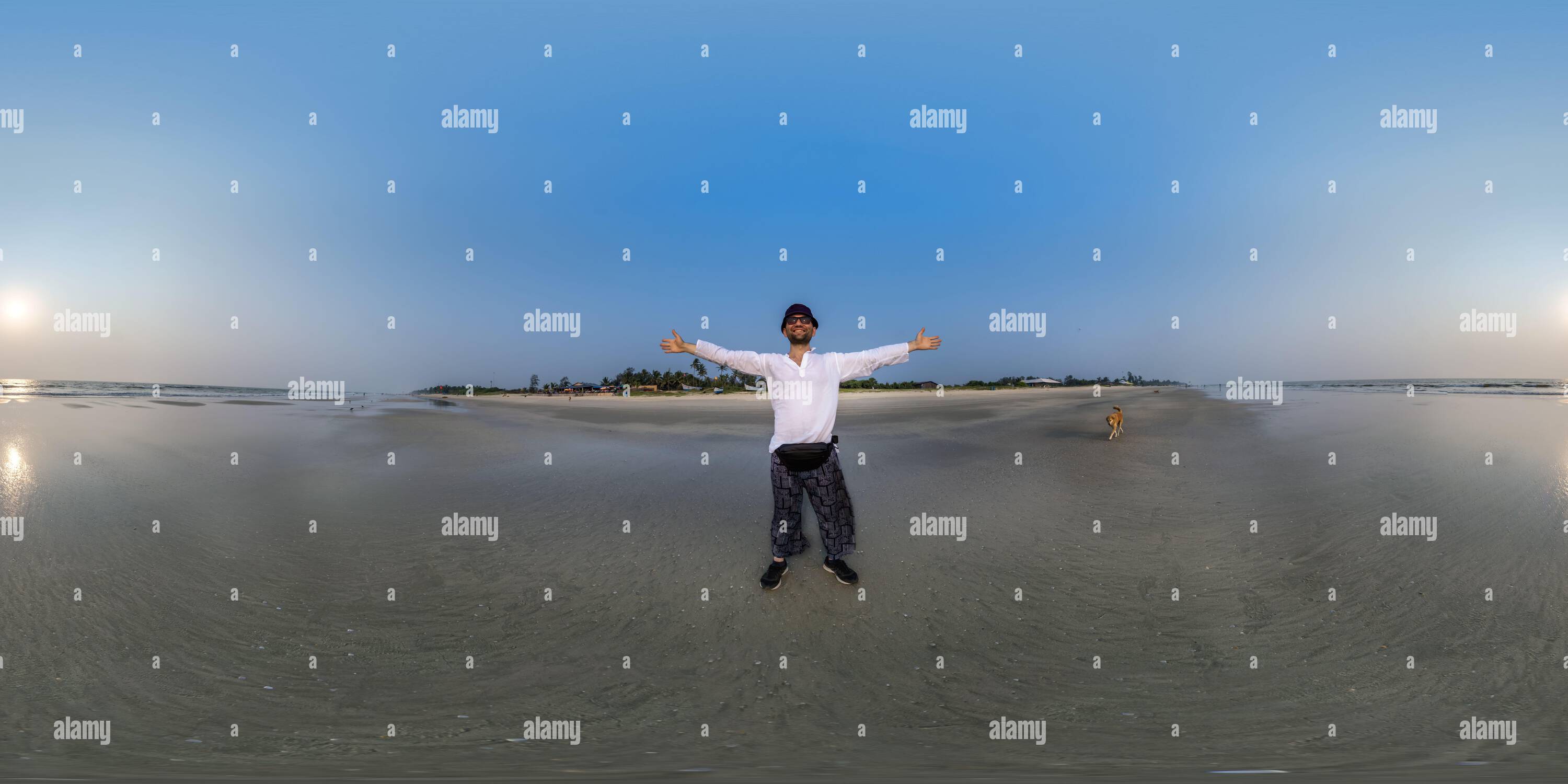 360° view of 360 hdri panorama with happy man joyfully stands on ...
