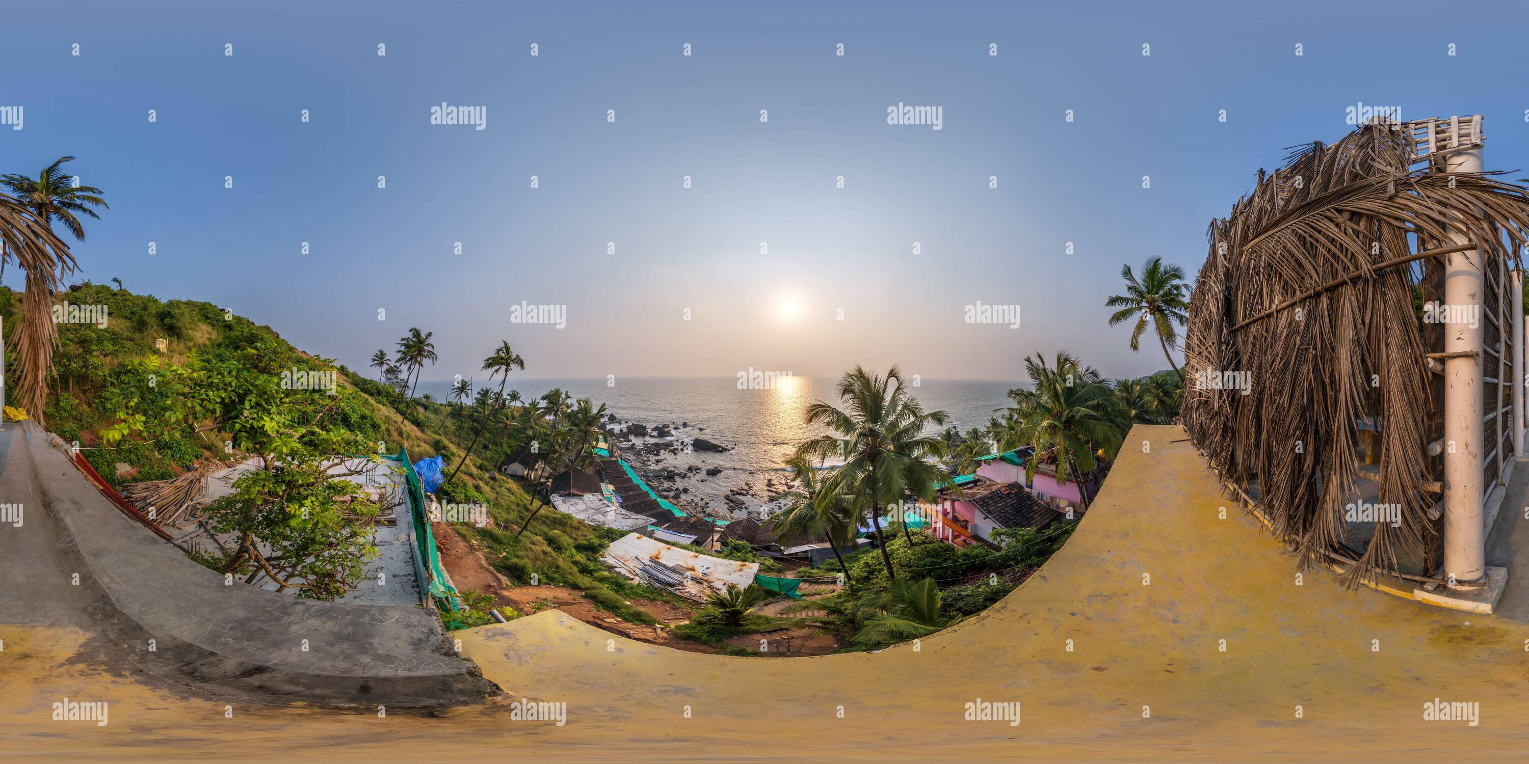 360° view of 360 hdri panorama with coconut trees on ocean coast on ...