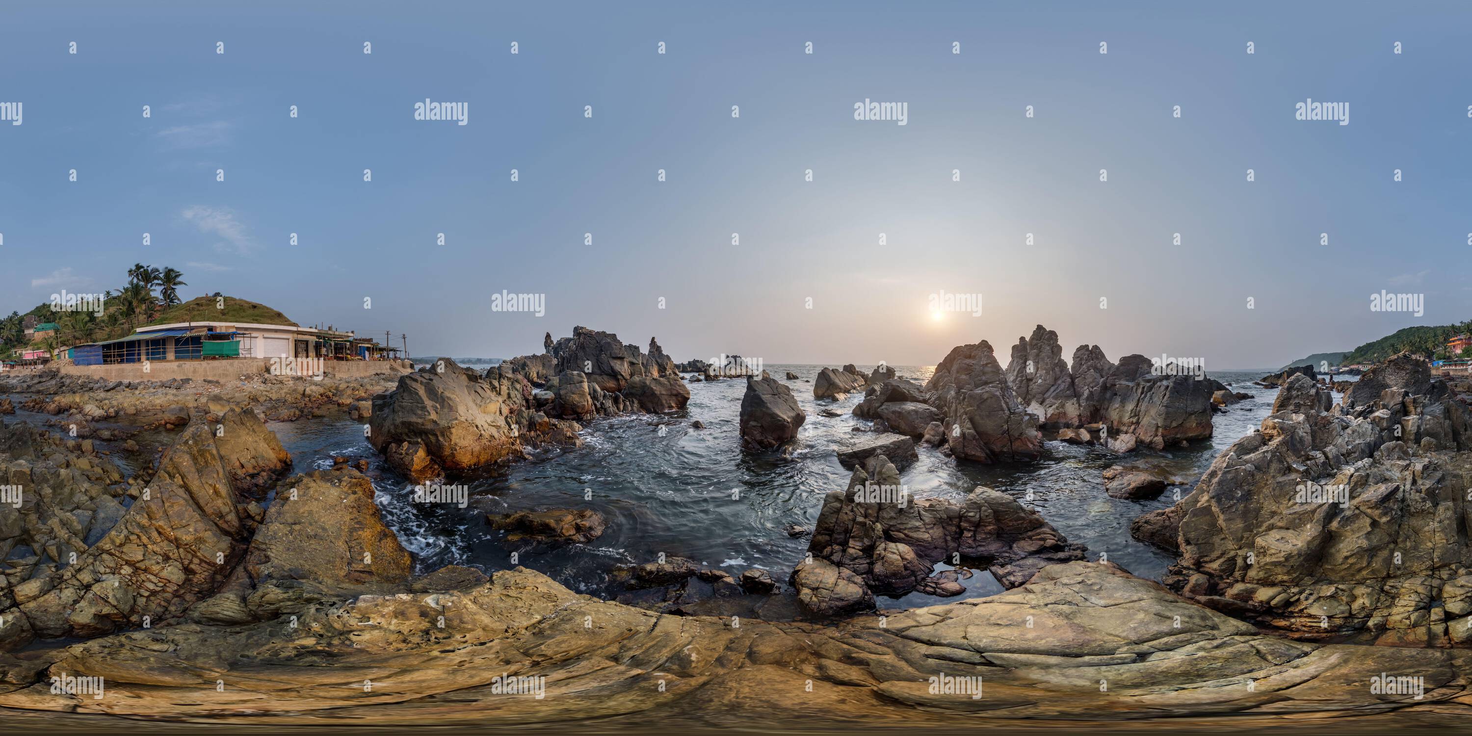 360° view of full hdri 360 panorama view on ocean on shore with rocks ...