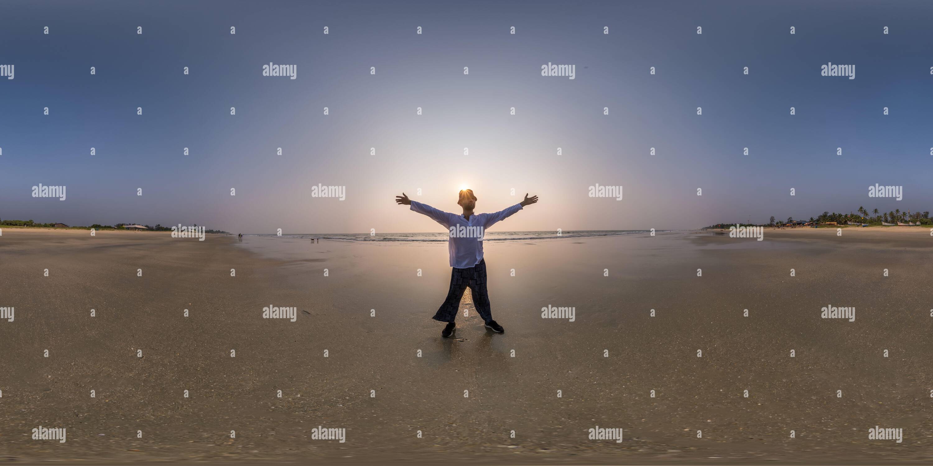 360° view of 360 hdri panorama with happy man joyfully stands on ...