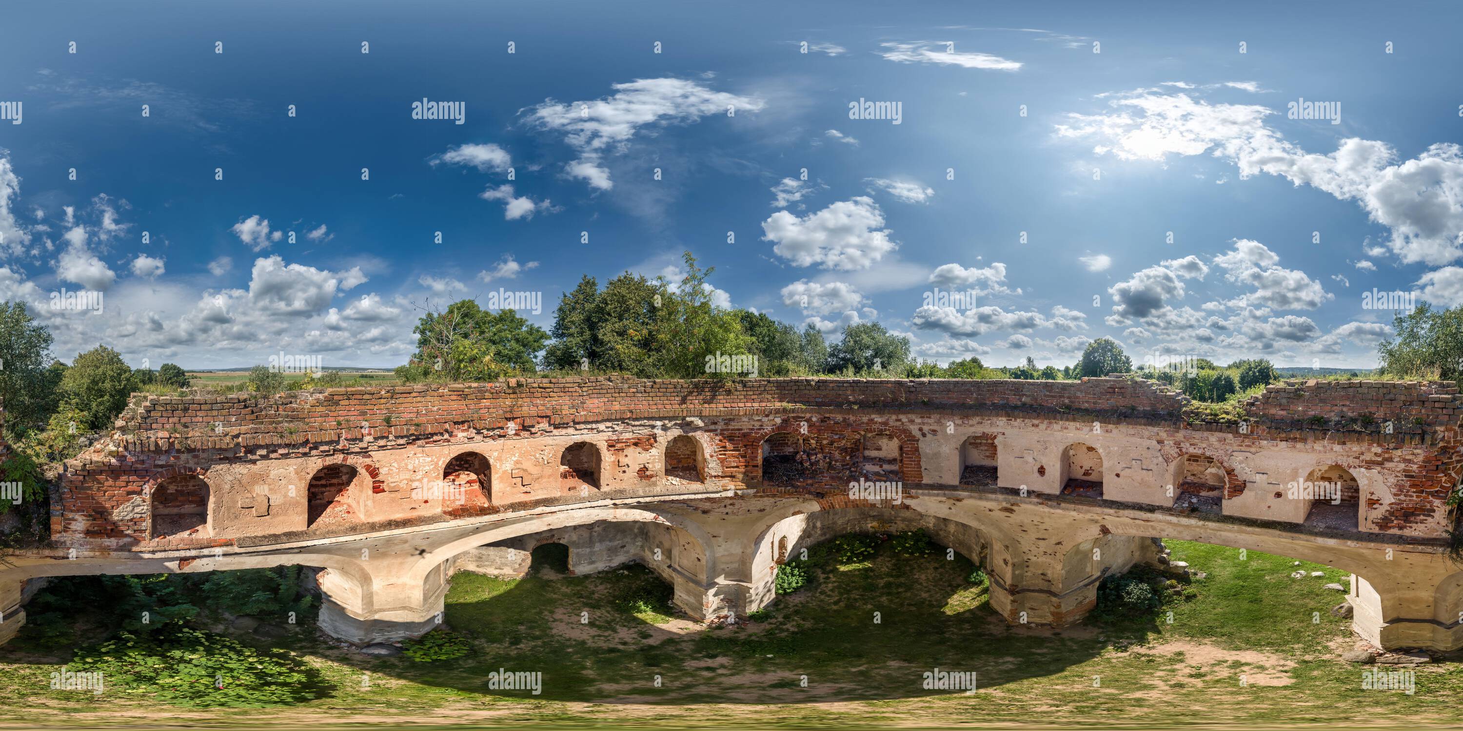 360° view of full seamless spherical hdri 360 panorama over ruined abandoned church with arches ...