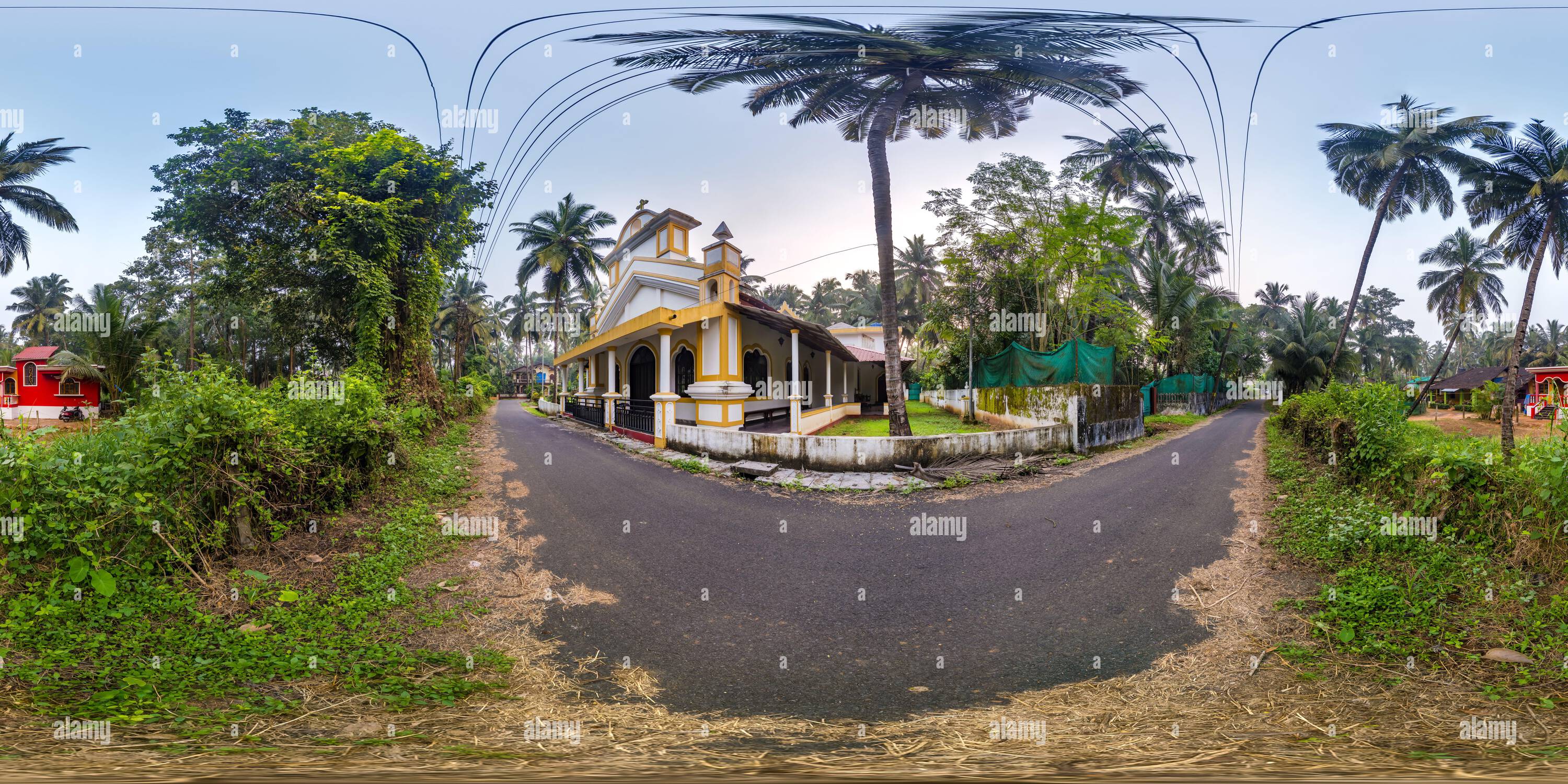 360° view of full hdri 360 panorama of catholic church in jungle among ...