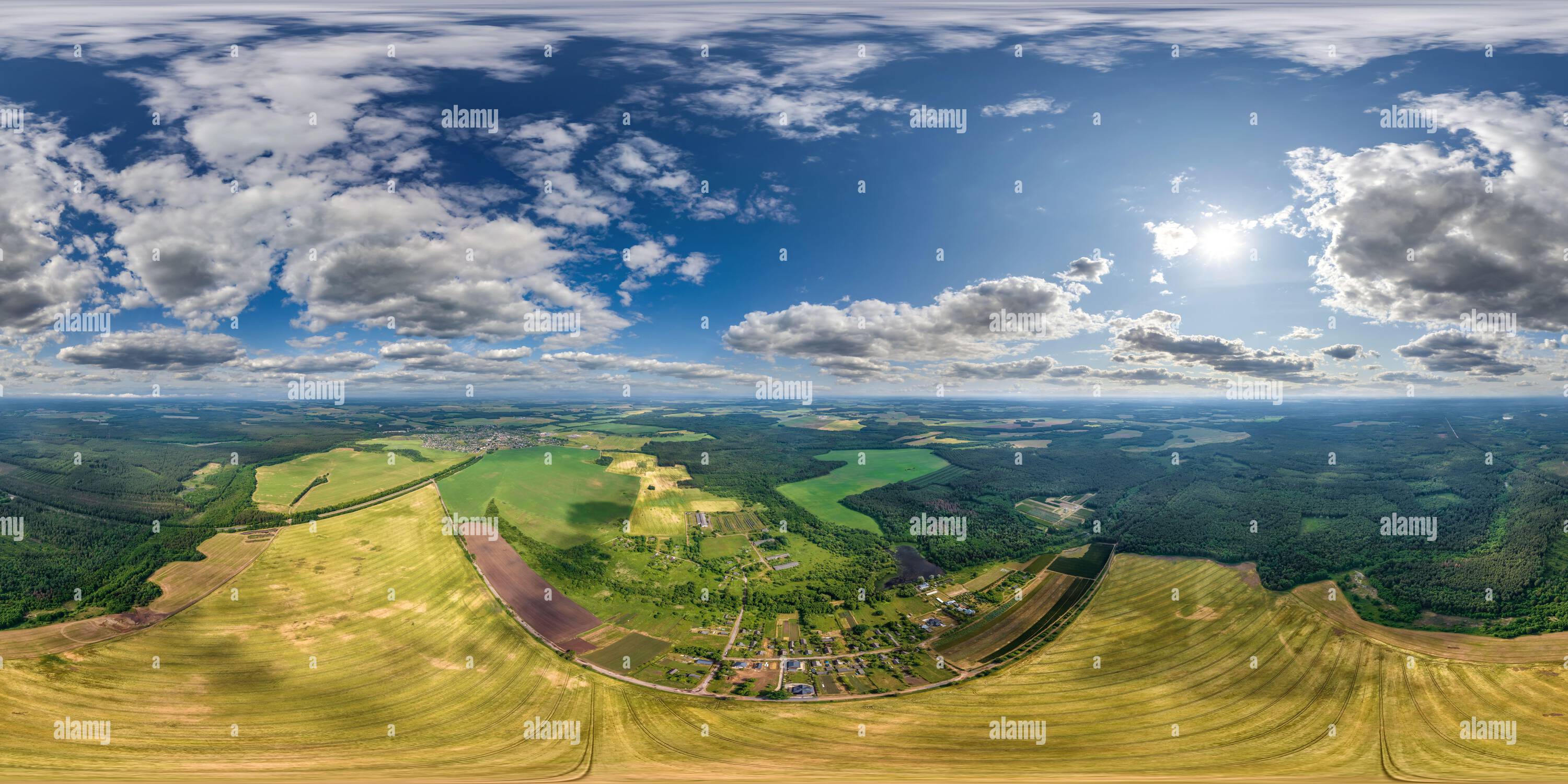 360° view of aerial hdri 360 panorama view over provincial village from ...