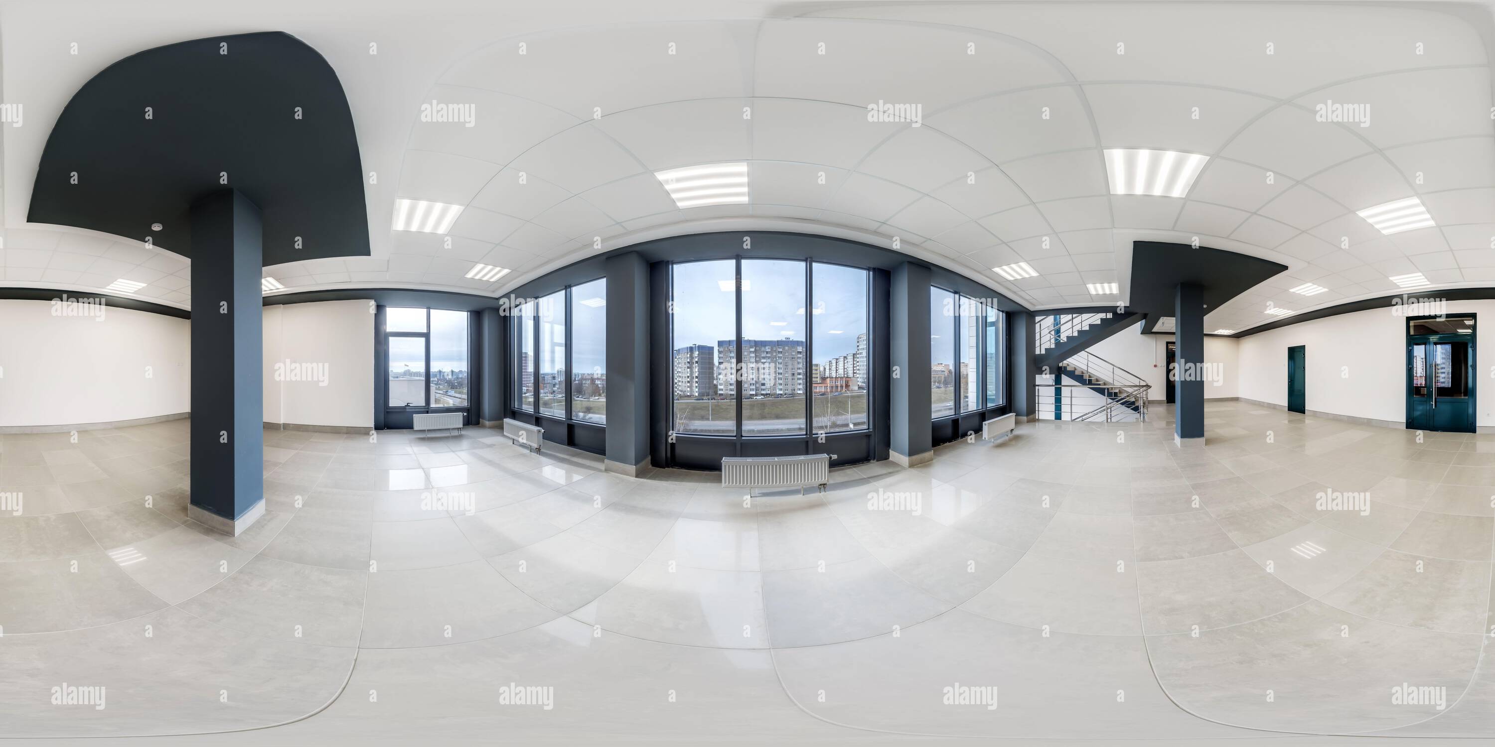 360° view of hdri 360 panorama view in empty modern white hall with ...