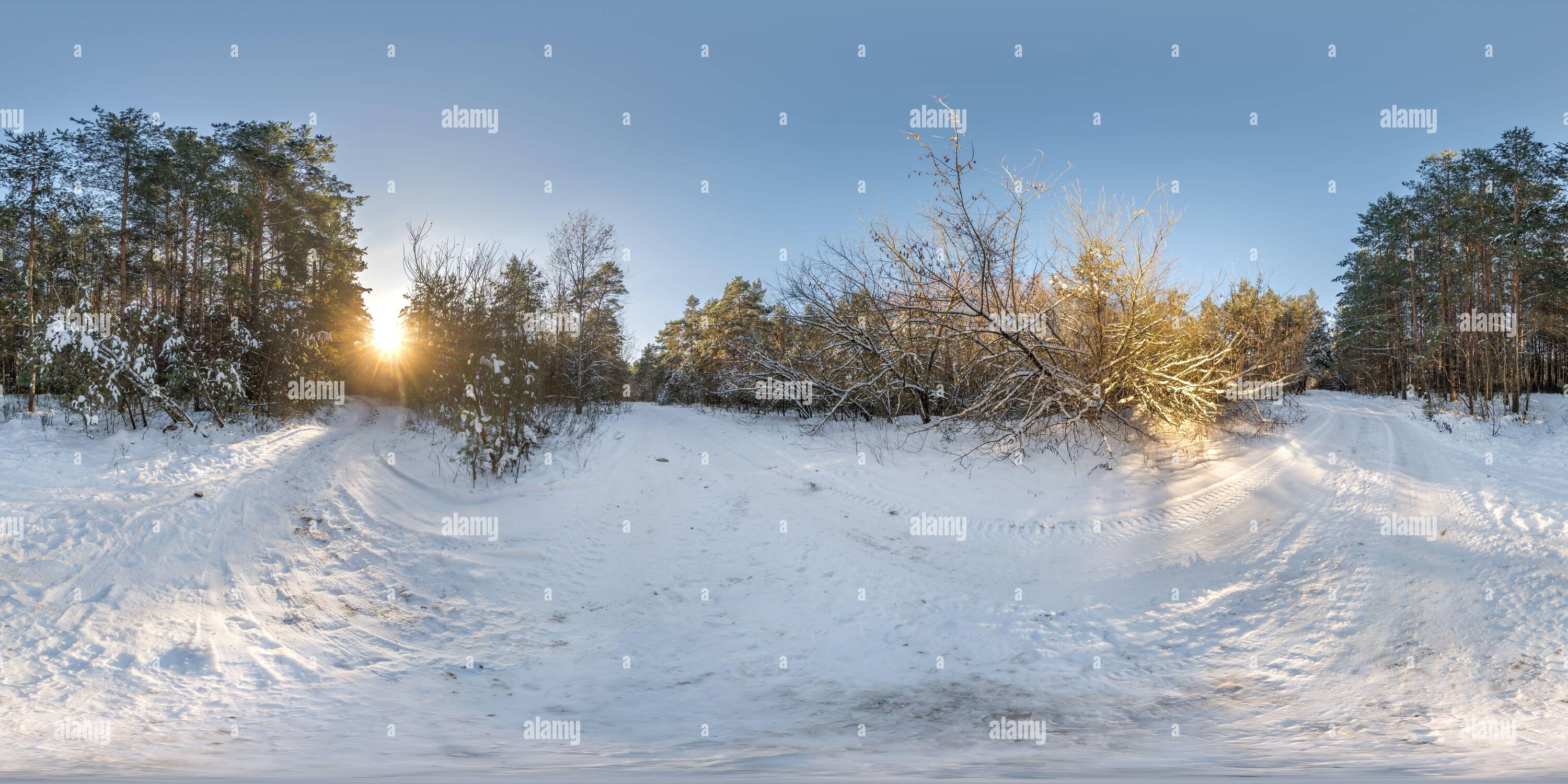 360° view of winter full spherical hdri 360 panorama view road in snowy ...