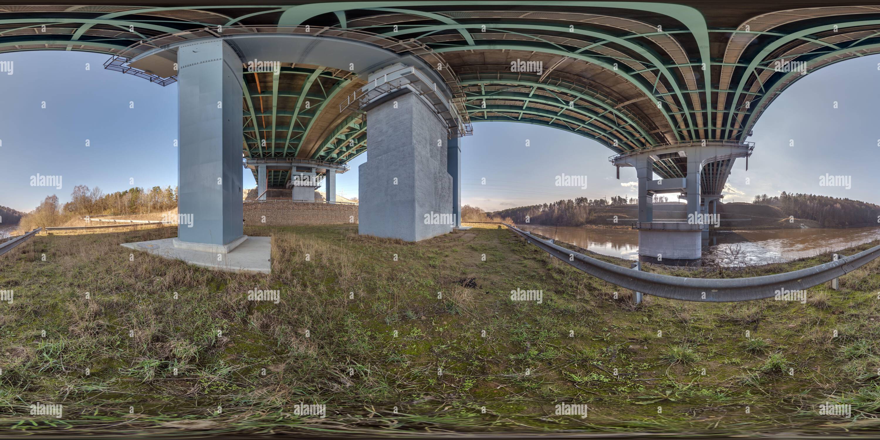 360° view of hdri 360 panorama on gravel road under steel frame ...