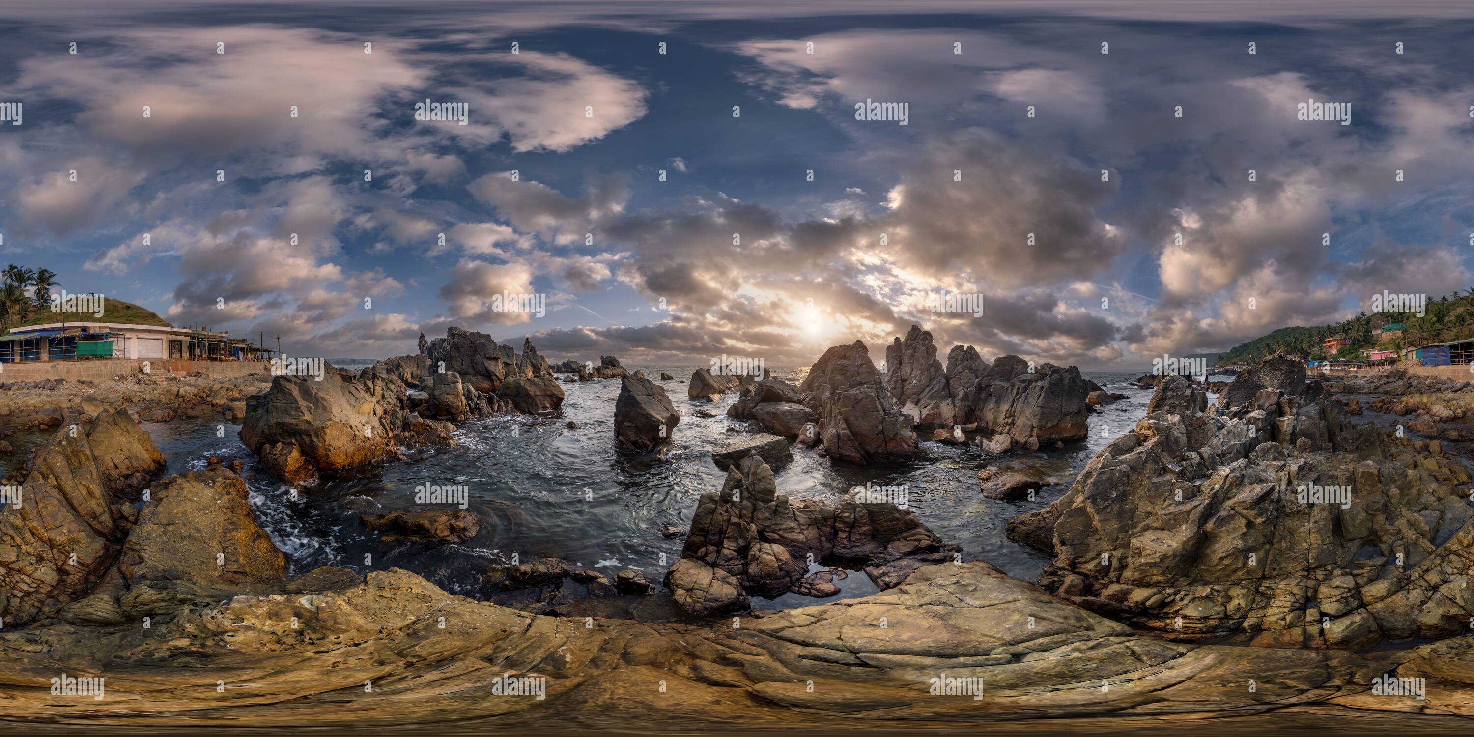 360° view of full hdri 360 panorama view on ocean on shore with rocks ...