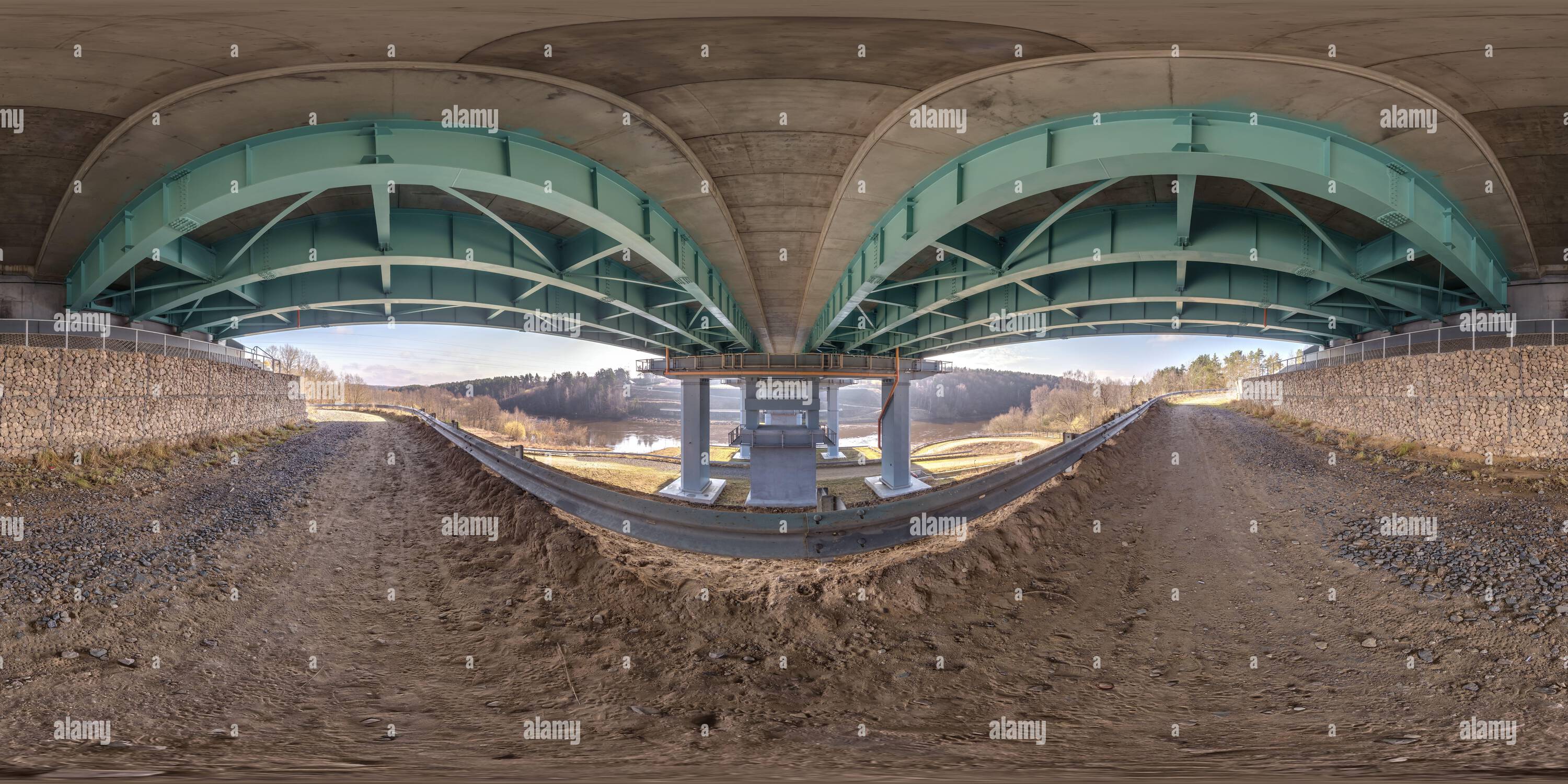 360° view of hdri 360 panorama on gravel road under steel frame ...