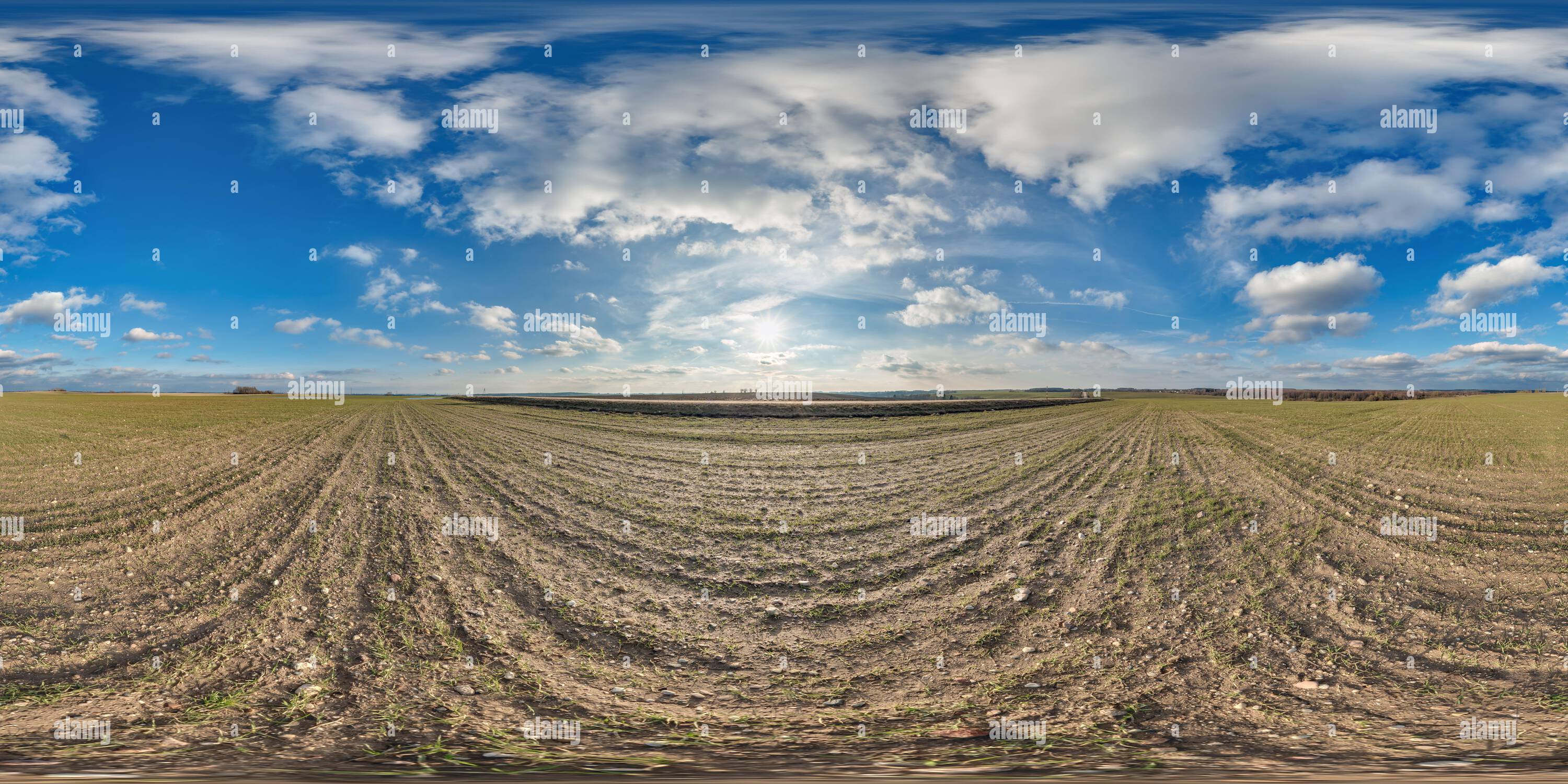 360° view of hdri 360 panorama on gravel road among fields in spring ...