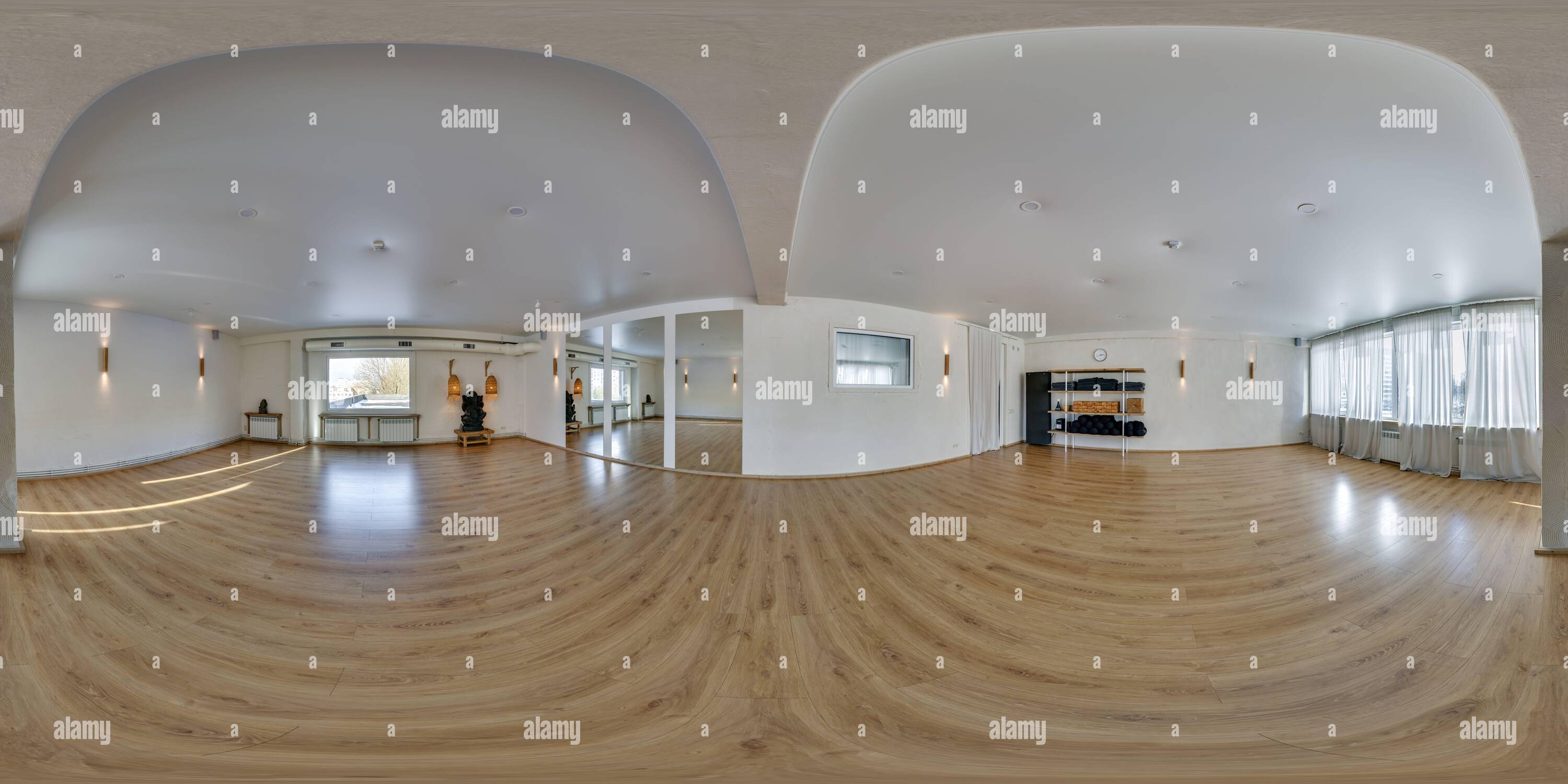 360° view of empty large room for sports or yoga with columns, for rest ...