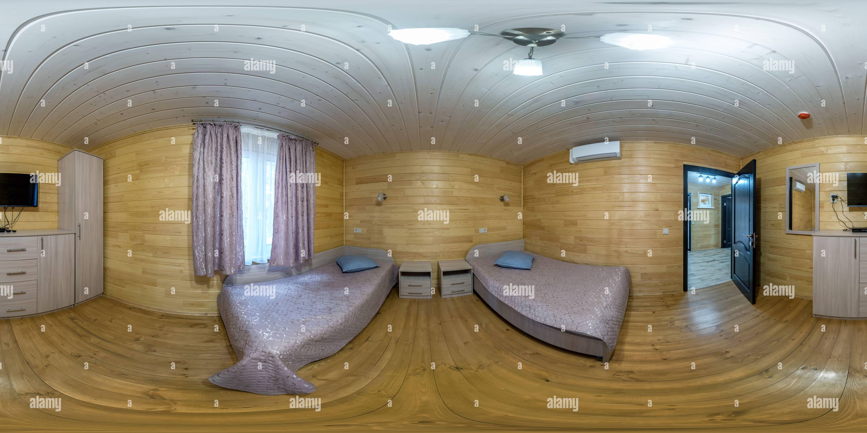 360° view of 360 hdri panorama in interior of wooden eco bedroom in ...