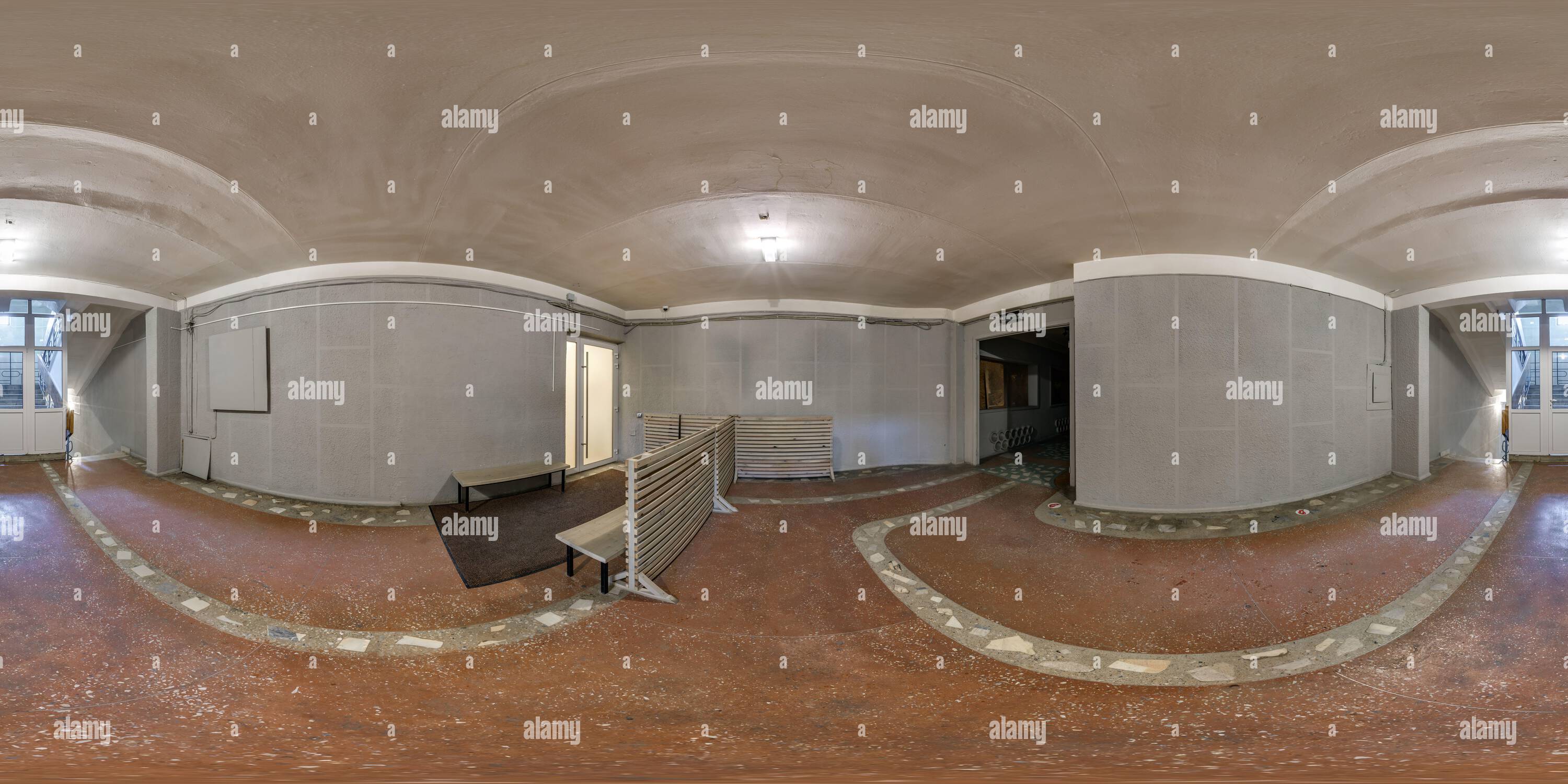 360° view of empty waiting and rest room basement without repair with ...