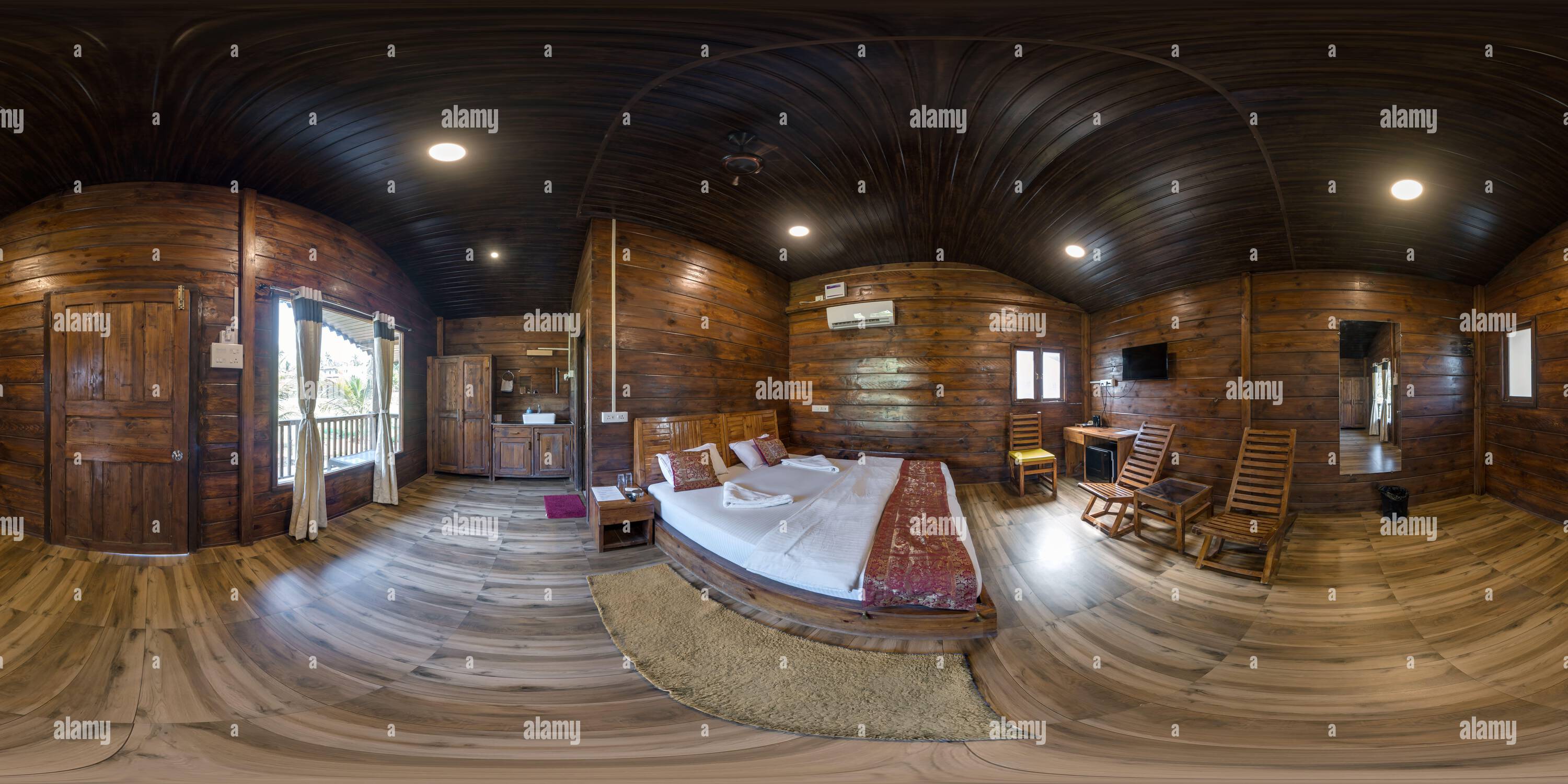 360° view of 360 hdri panorama in interior of wooden eco bedroom in ...