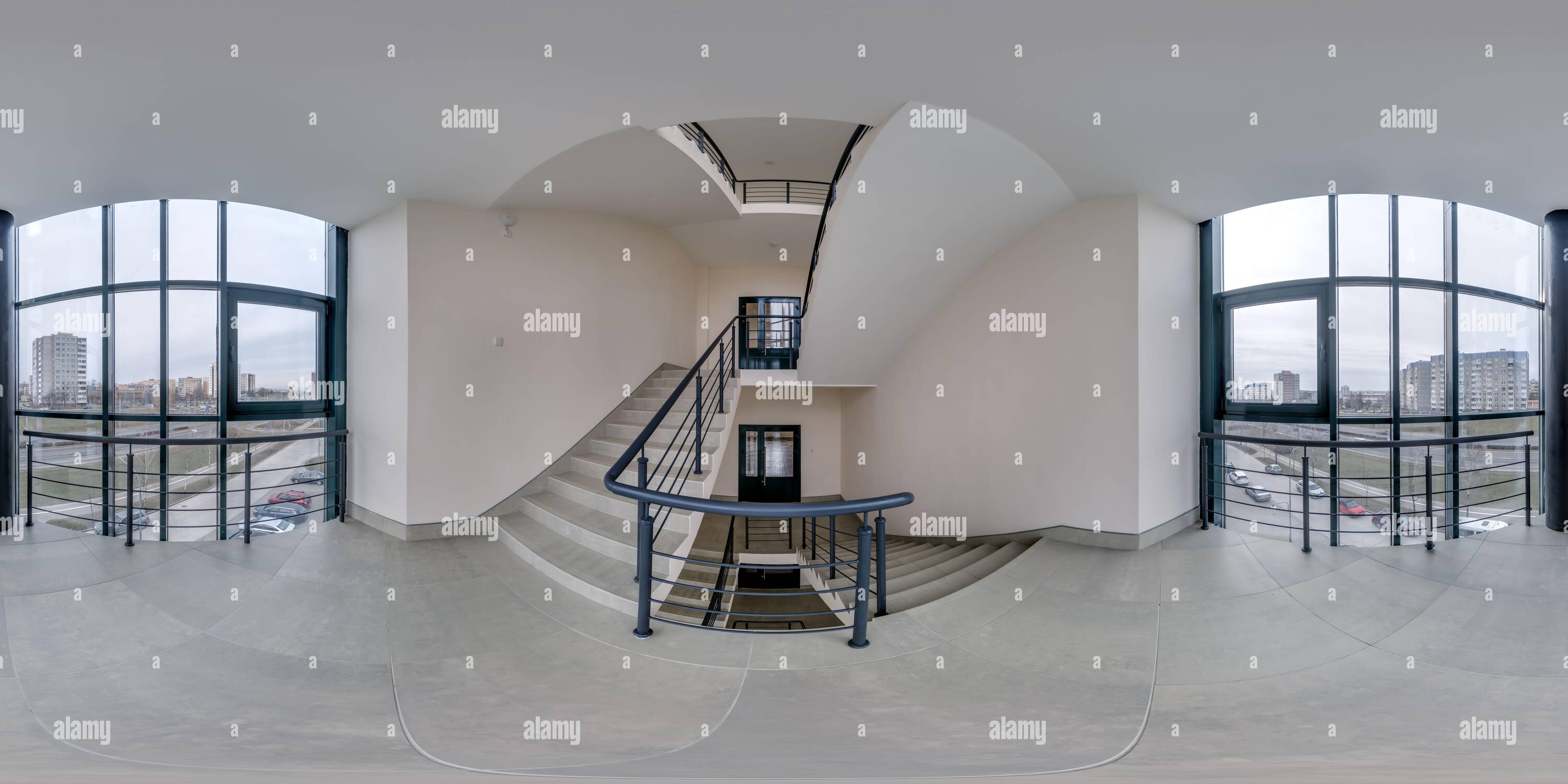 360° view of hdri 360 panorama view on stairs in empty modern hall with ...