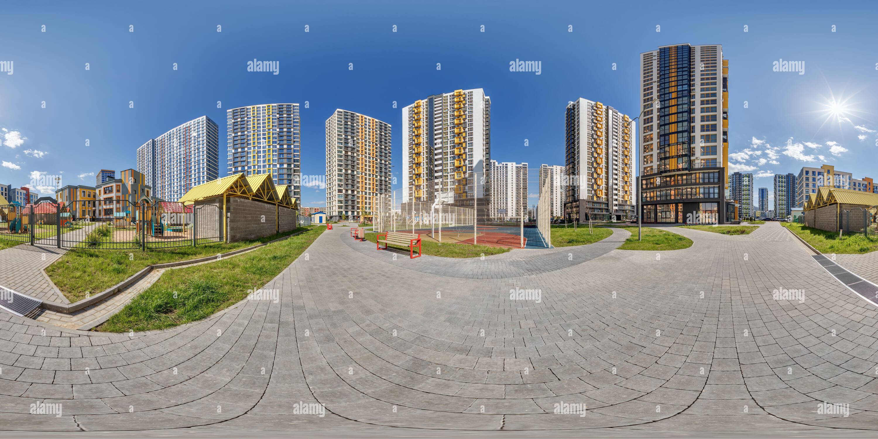 360° view of hdri 360 panorama near skyscraper multistory buildings of ...