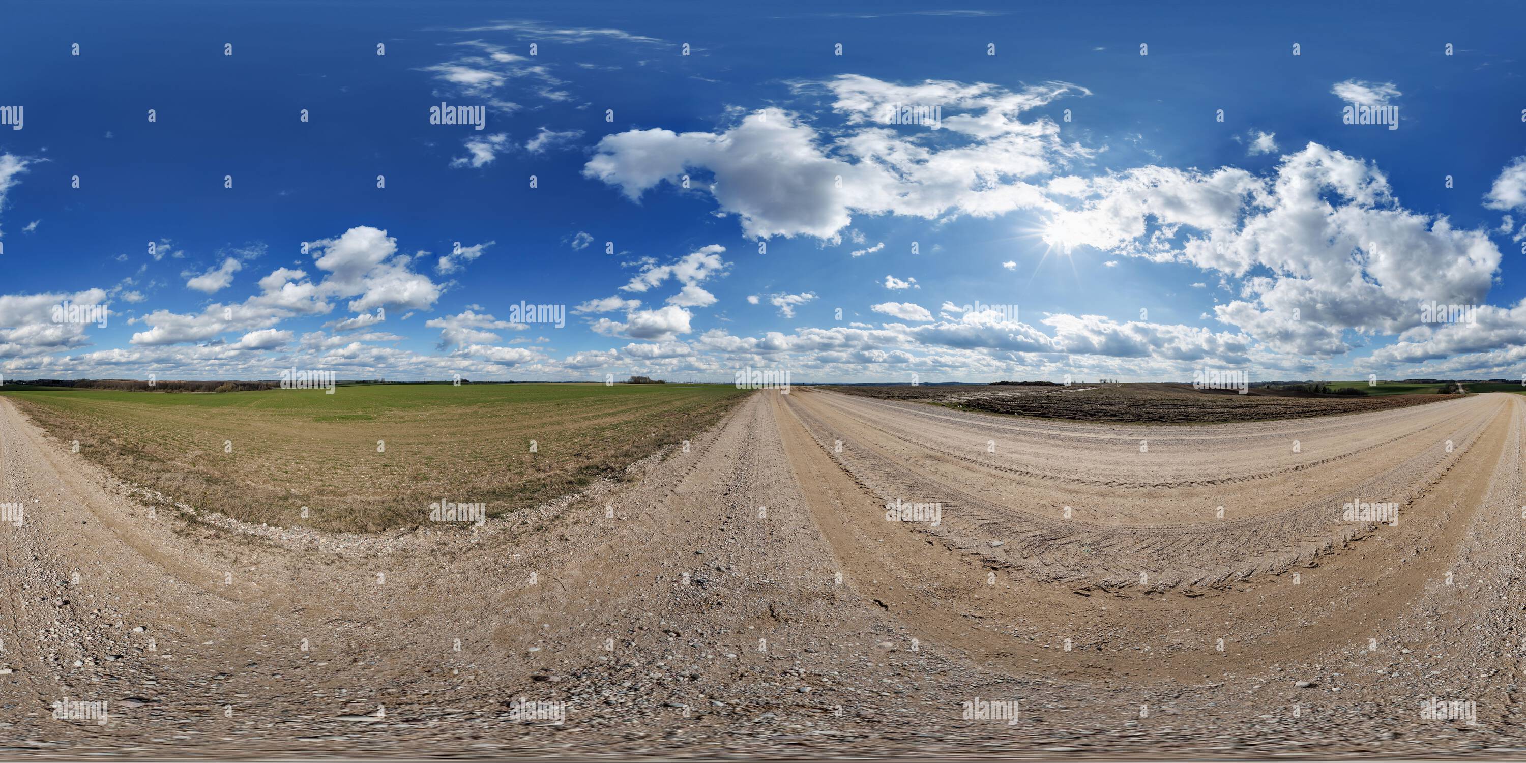 360° view of hdri 360 panorama on gravel road among fields in spring ...