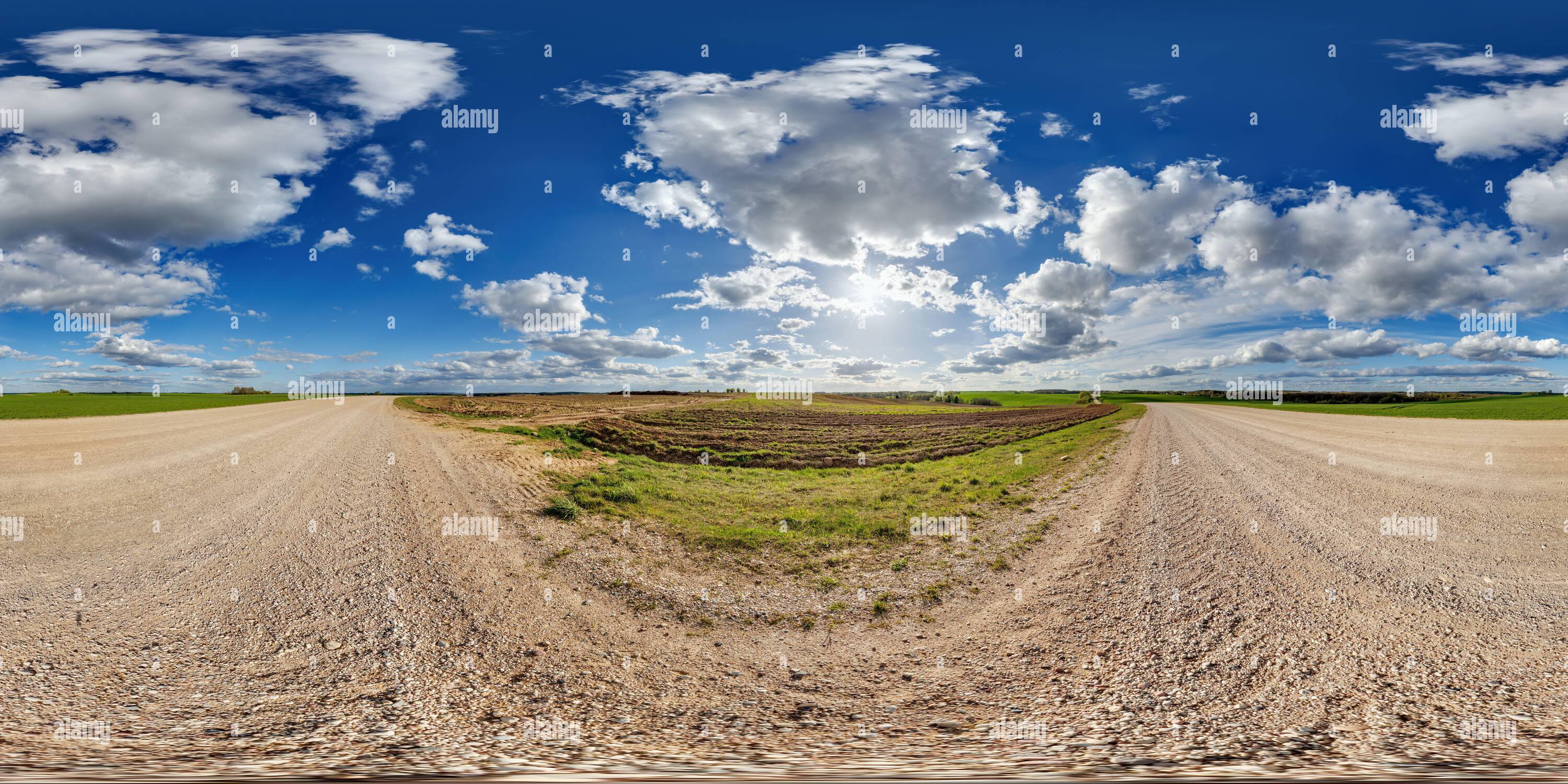 360° view of blue sky hdri 360 panorama with awesome clouds on gravel ...