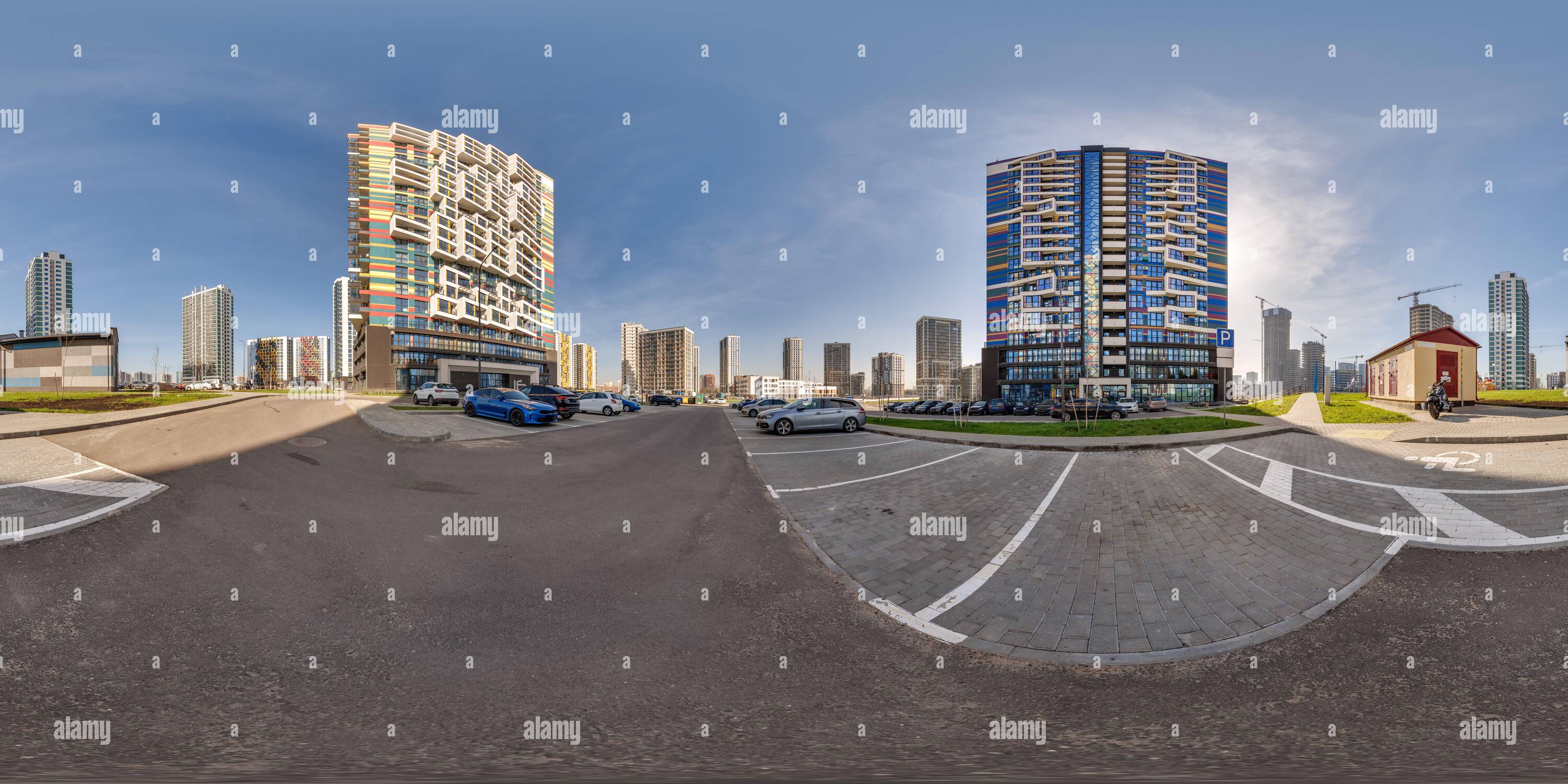 360° view of 360 hdri panorama near skyscraper multistory buildings of ...