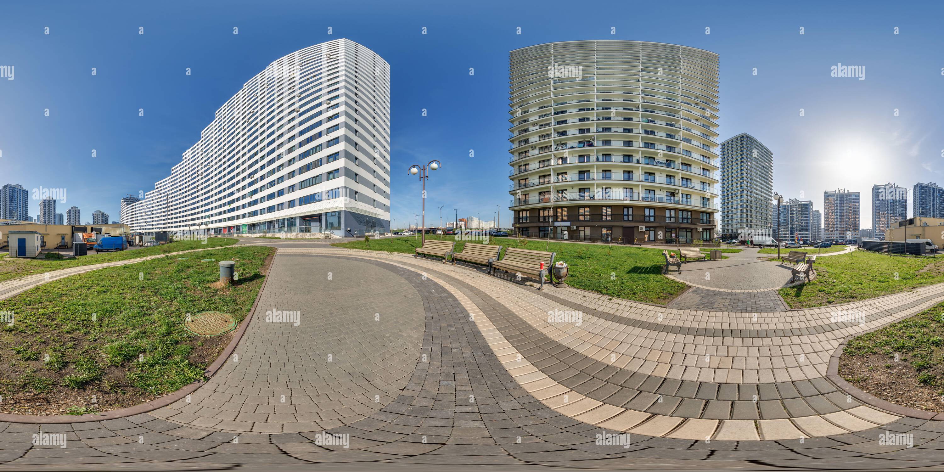 360° view of hdri 360 panorama near skyscraper multistory buildings of ...