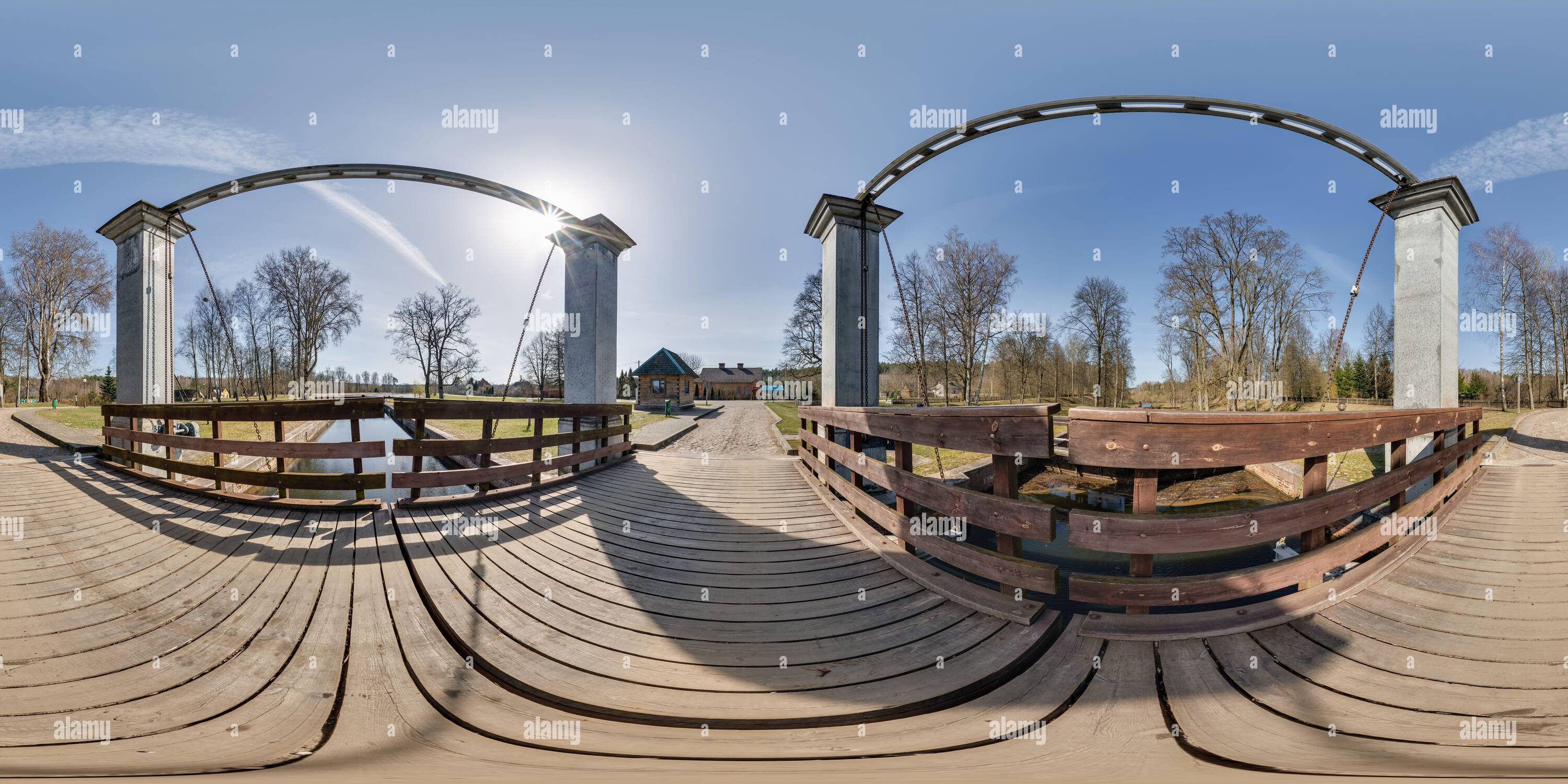 360° view of hdri 360 panorama on bridge near gateway lock construction ...