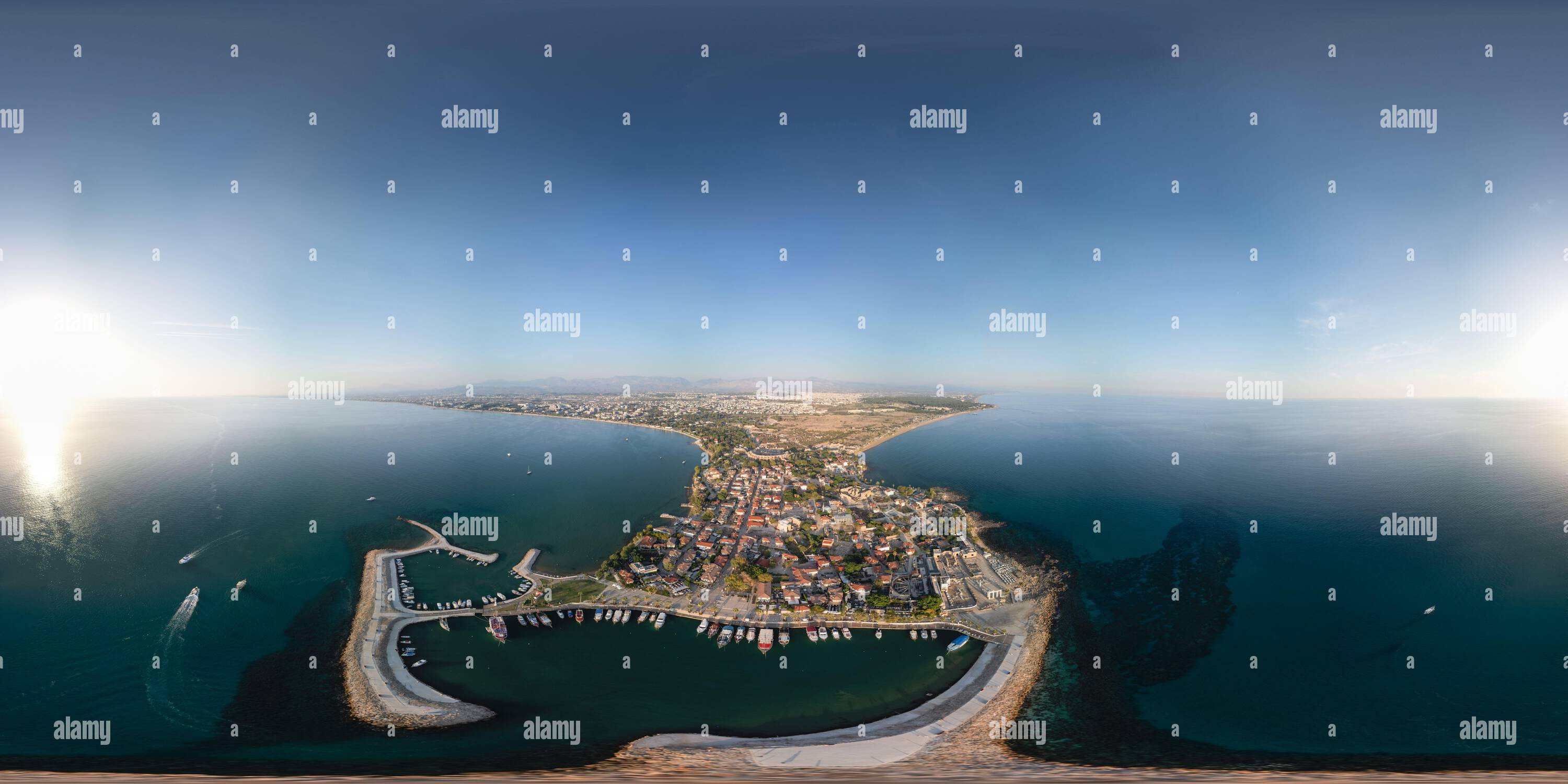 360° view of Aerial top drone view of ancient Side town, Antalya ...