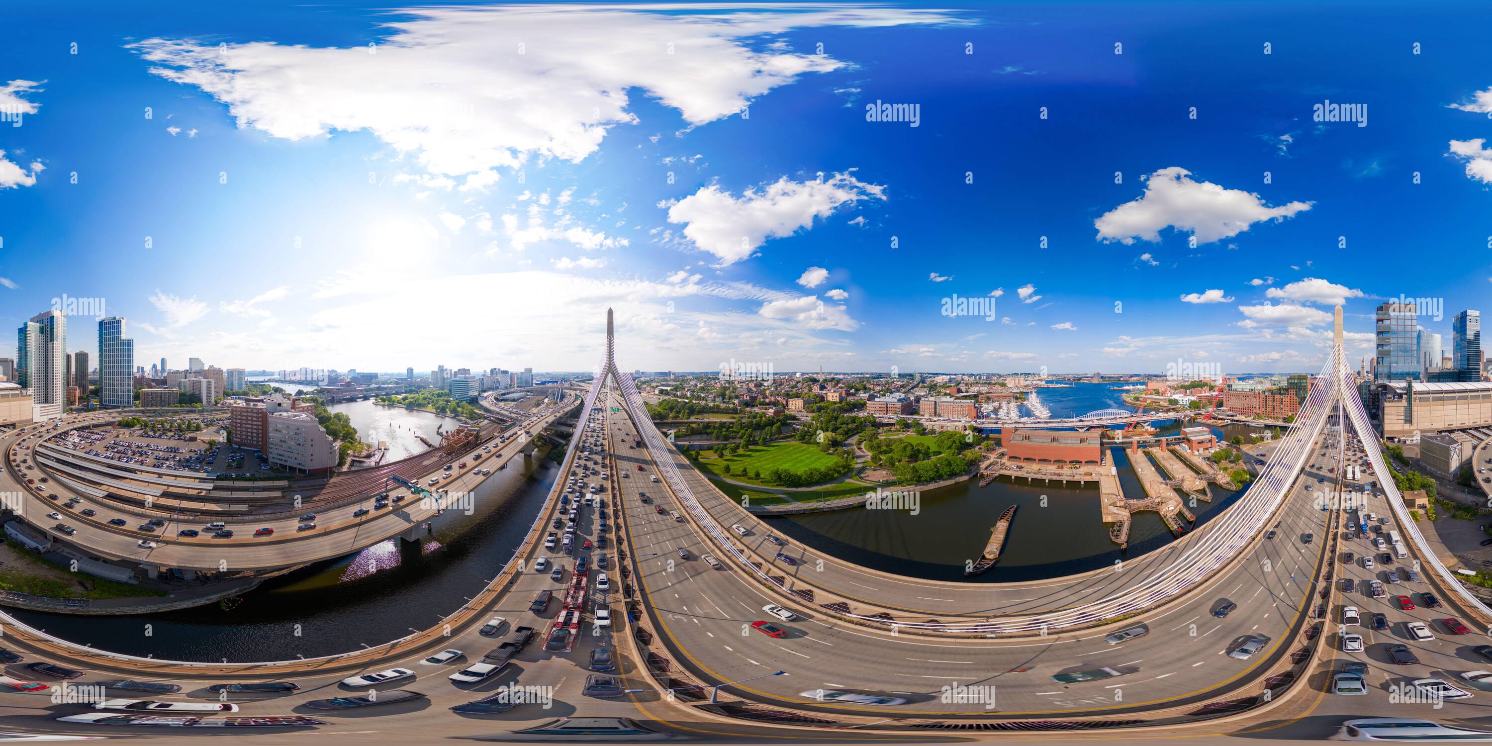 360° view of 360 equirectangular photo Downtown Boston. View of bridges ...