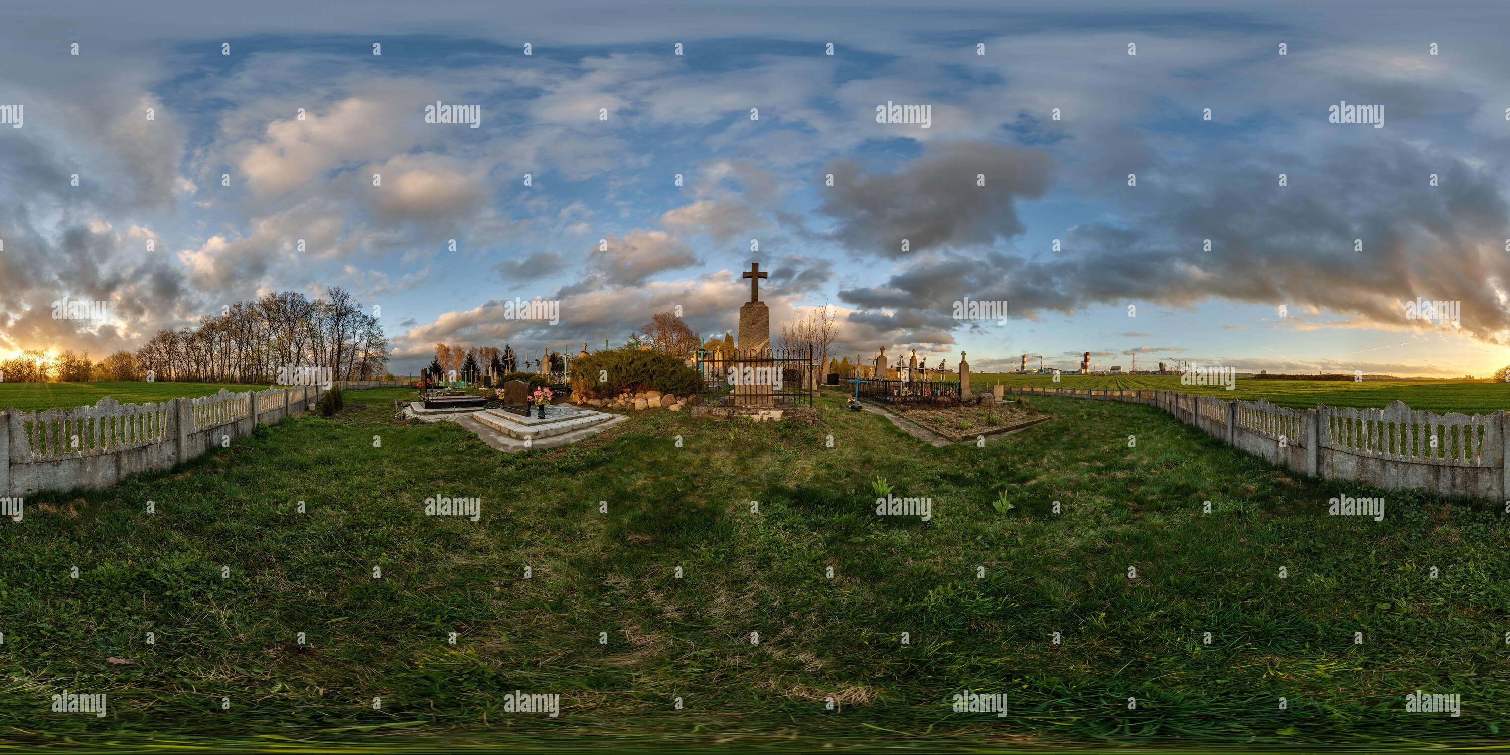 360° view of 360 hdri evening panorama on old graveyard cemetery with ...