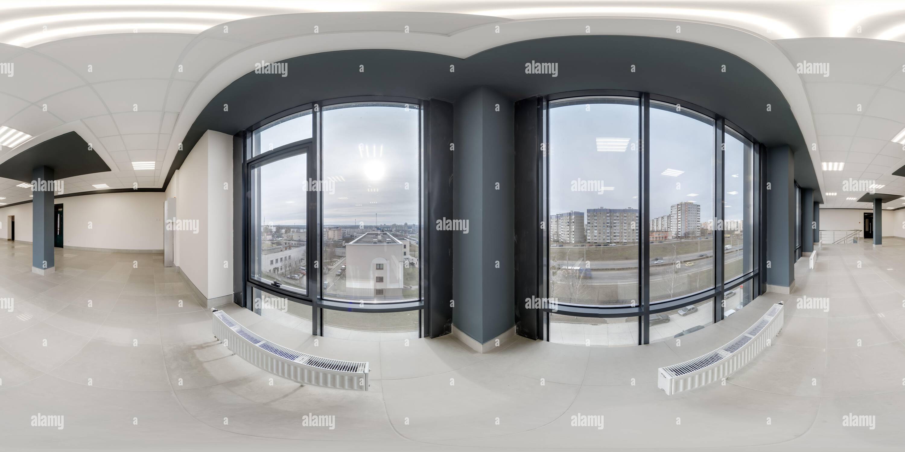 360° view of hdri 360 panorama view in empty modern hall with columns ...